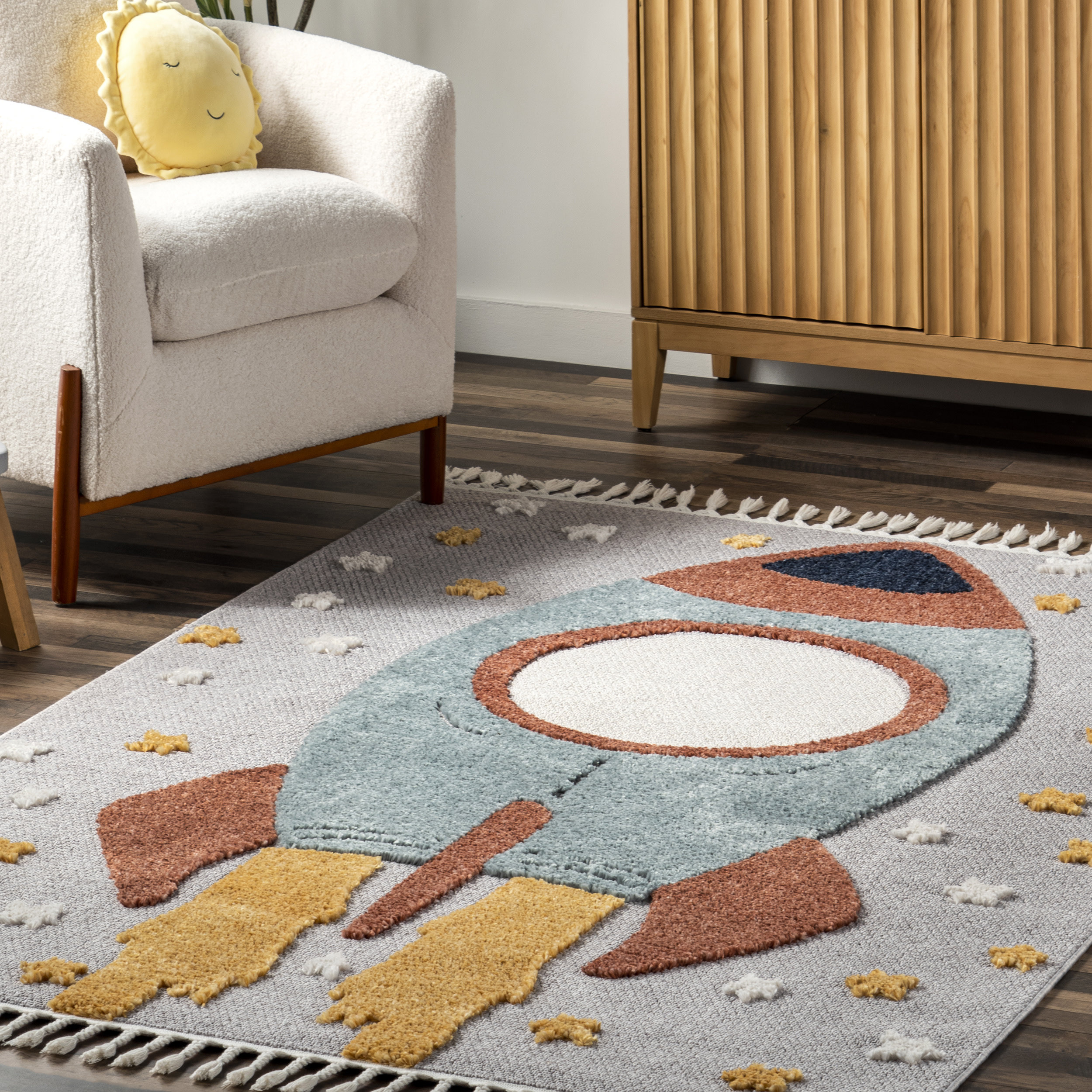 Ivy Bronx Journee Rocket Ship High-Low Kids Tasseled Area Rug & Reviews ...