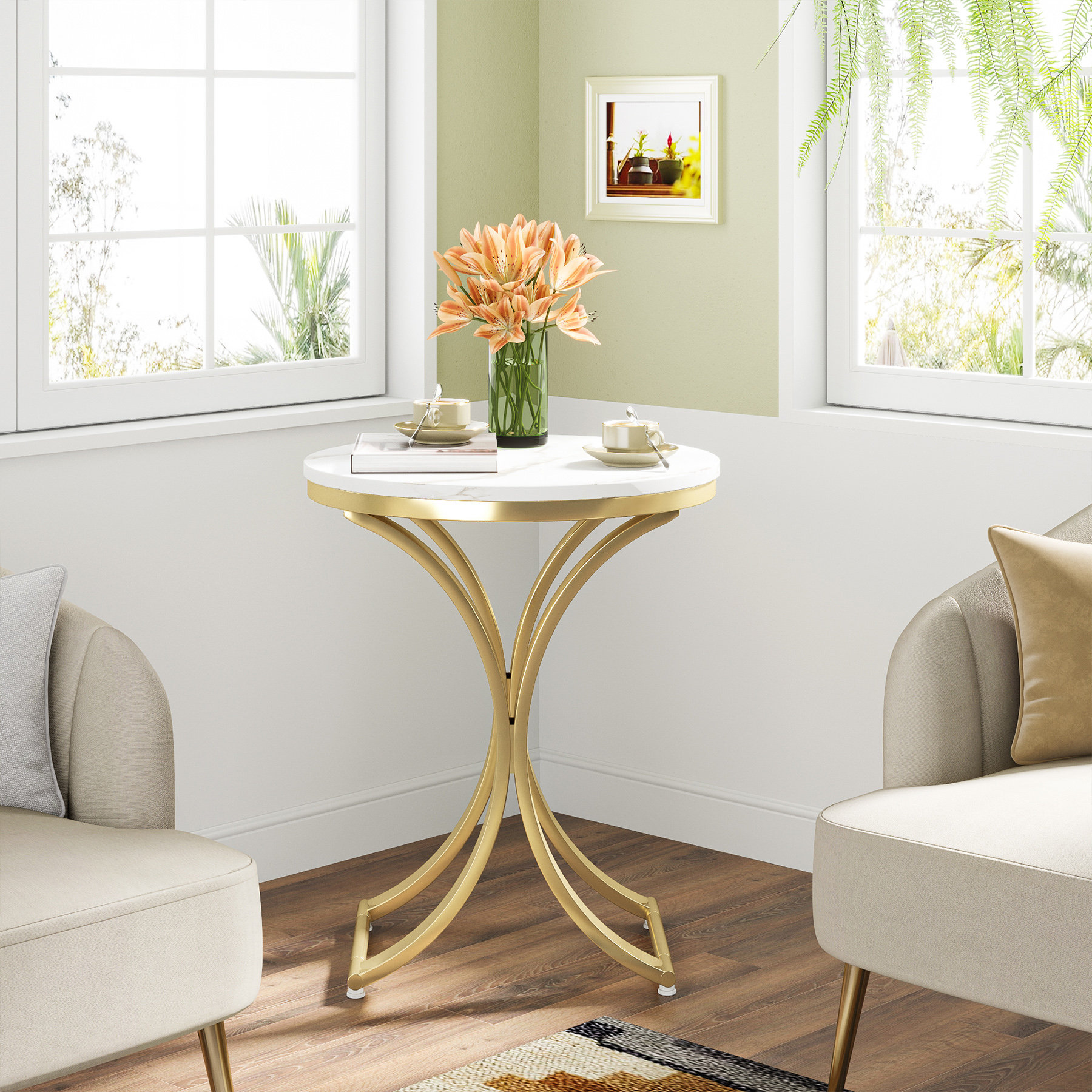 Williston Forge Haaris 23.62'' tall White and Gold End Table Round Side ...