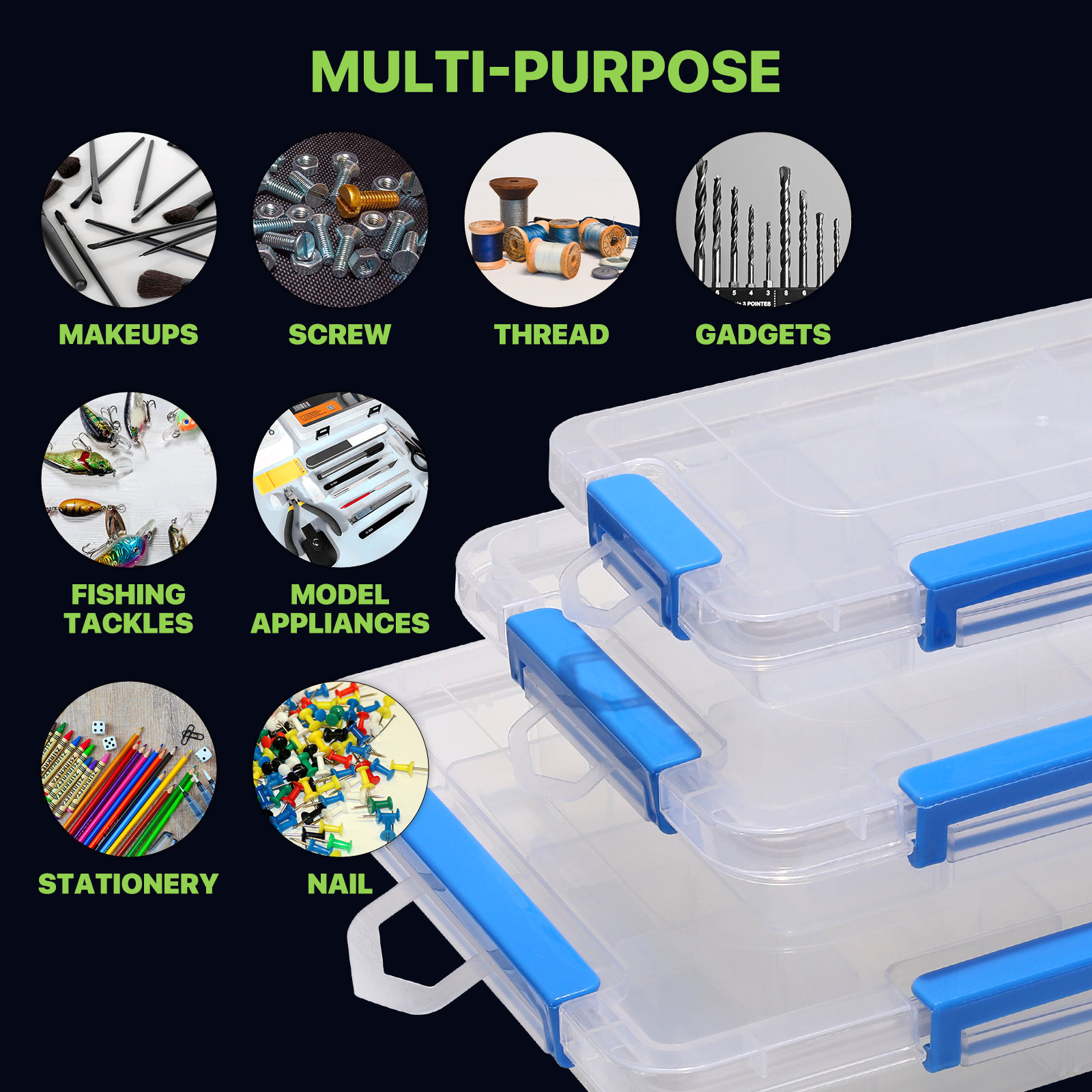 Rebrilliant 3-Piece Clear Plastic Grid Storage Box Set With 9/15/24 Adjustable Compartments ...