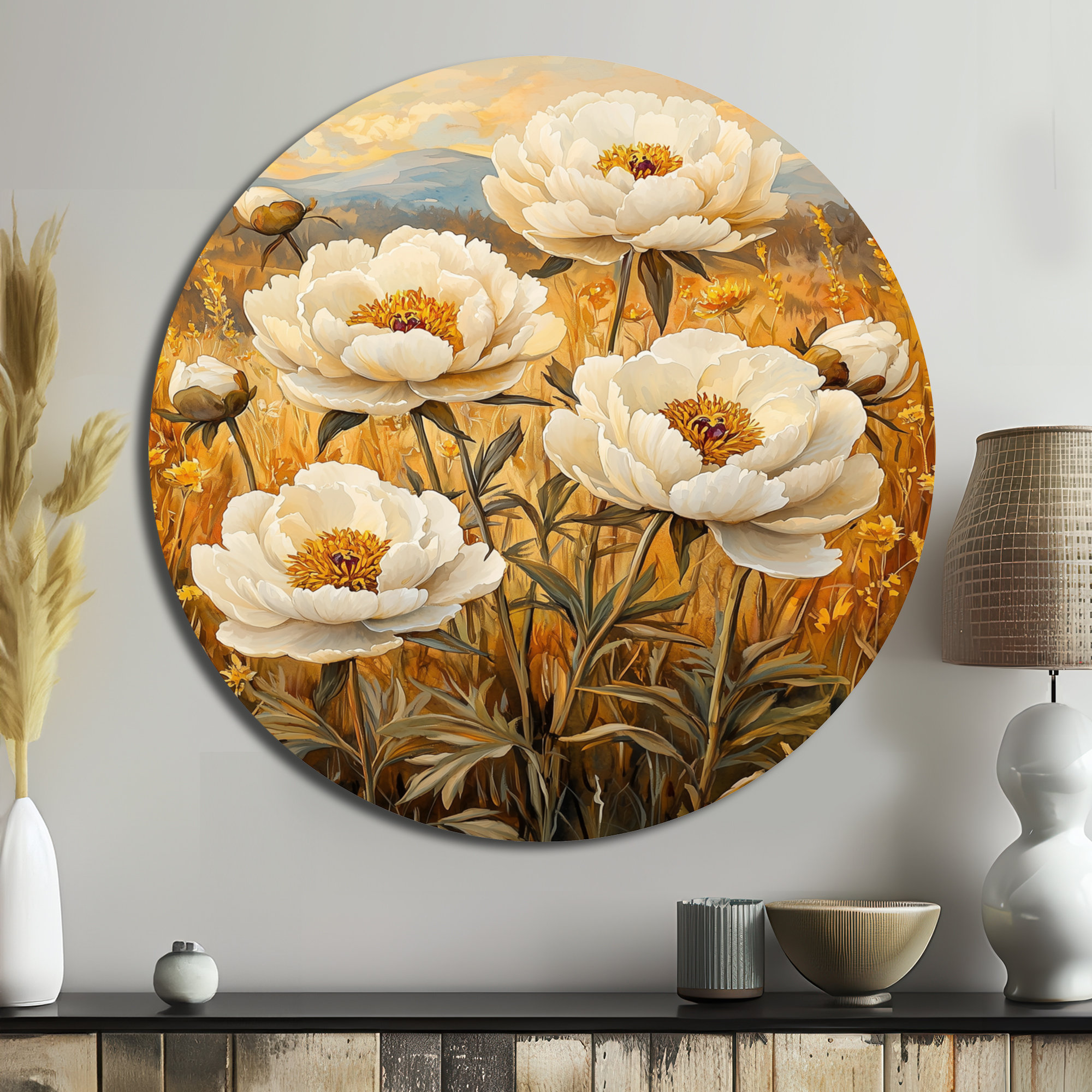 August Grove® Propes - Peonies Round Metal Wall Art, Traditional White ...