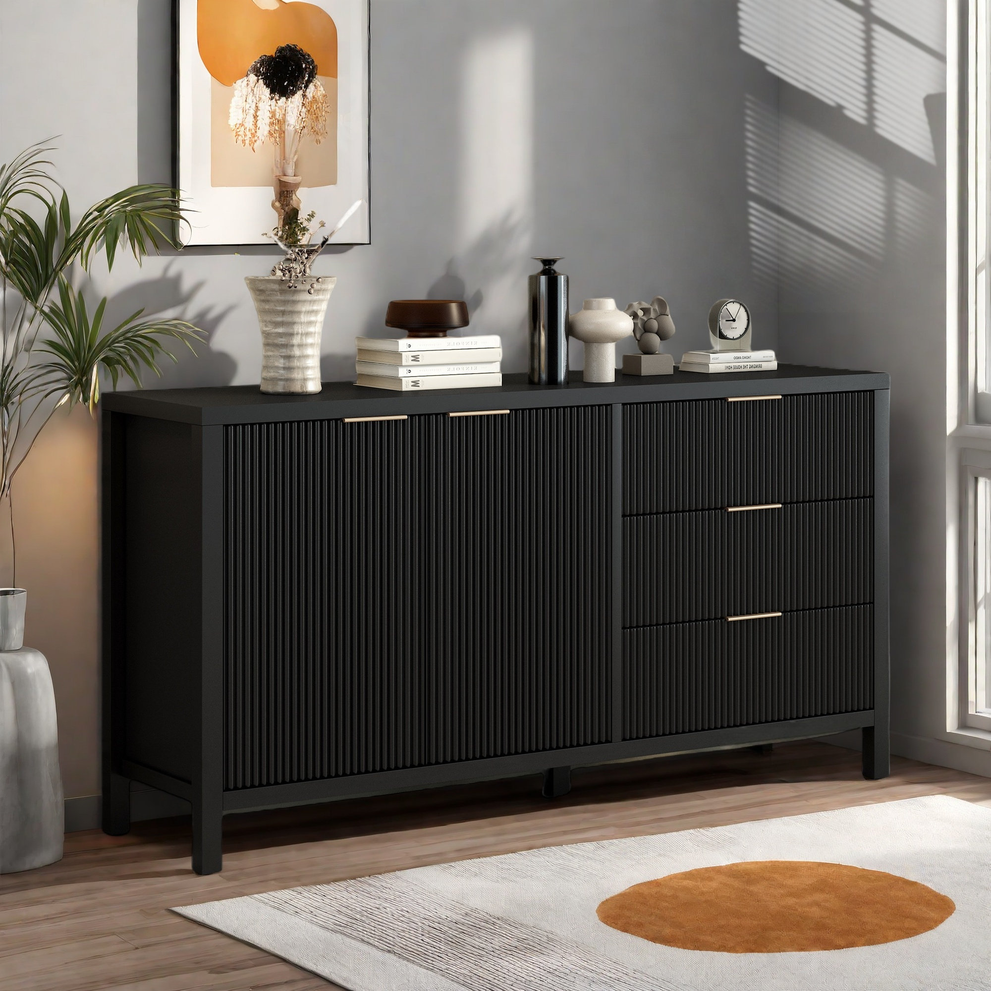 Winston Porter Minimalist Sideboard With 3 Drawers, A Cabinet, Wave-pattern Design And Aluminum ...