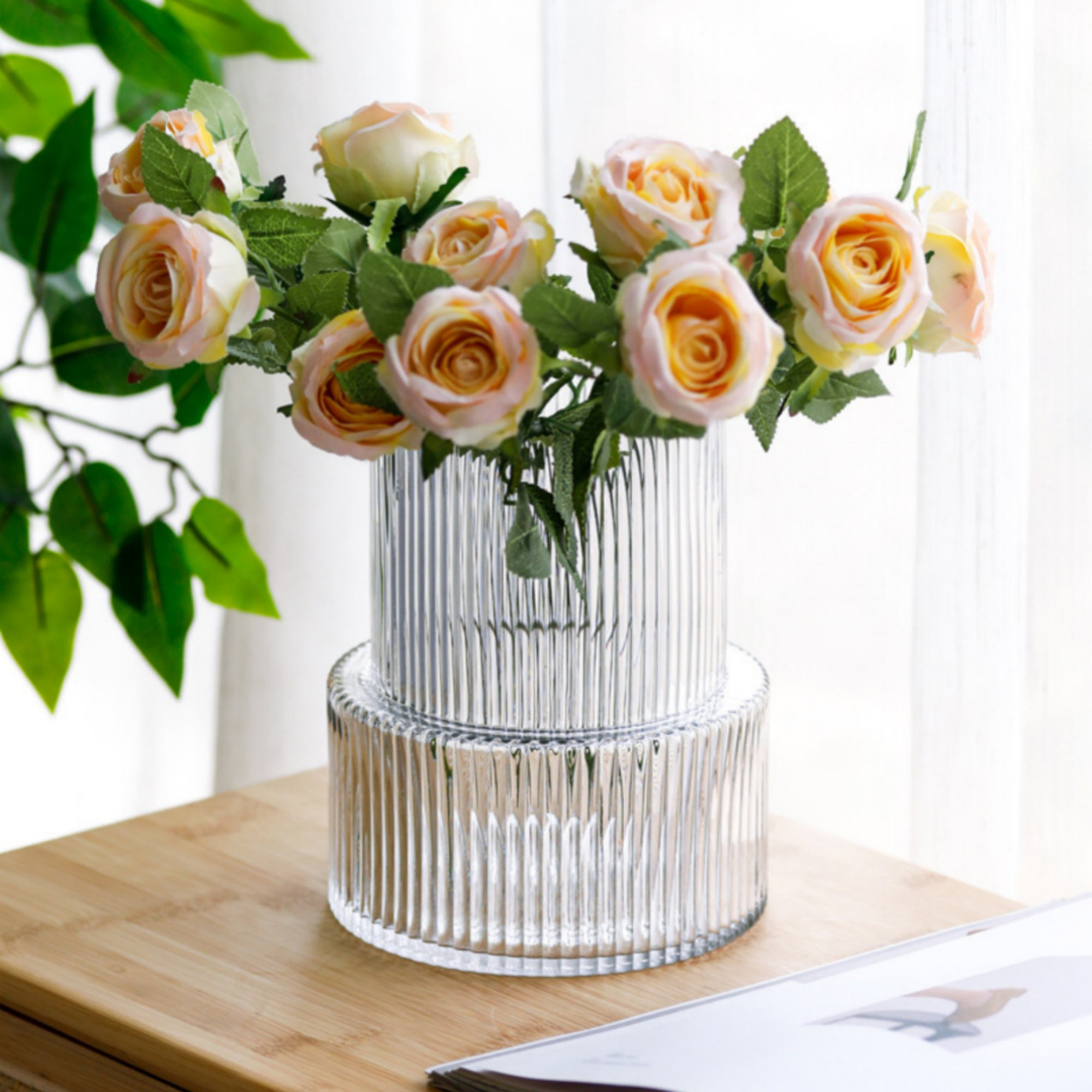 Latitude Run® Ribbed Glass Vase, Fluted Flower Vase, Modern Clear ...