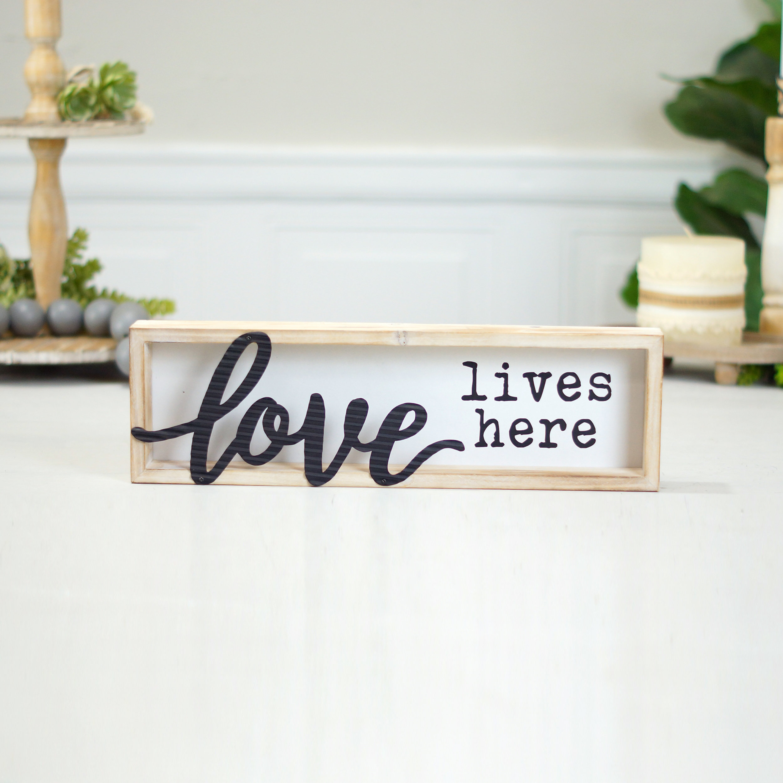 Gracie Oaks VIP Wood 15.5 in. White Love Lives Here Sign | Wayfair