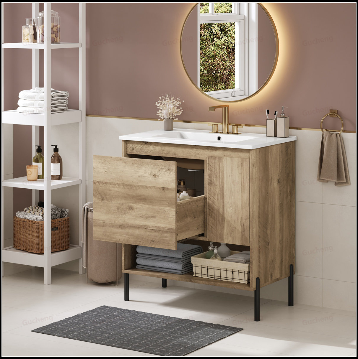 Ebern Designs 30 Inch Natural Wooden Bathroom Vanity With Basin Sink ...