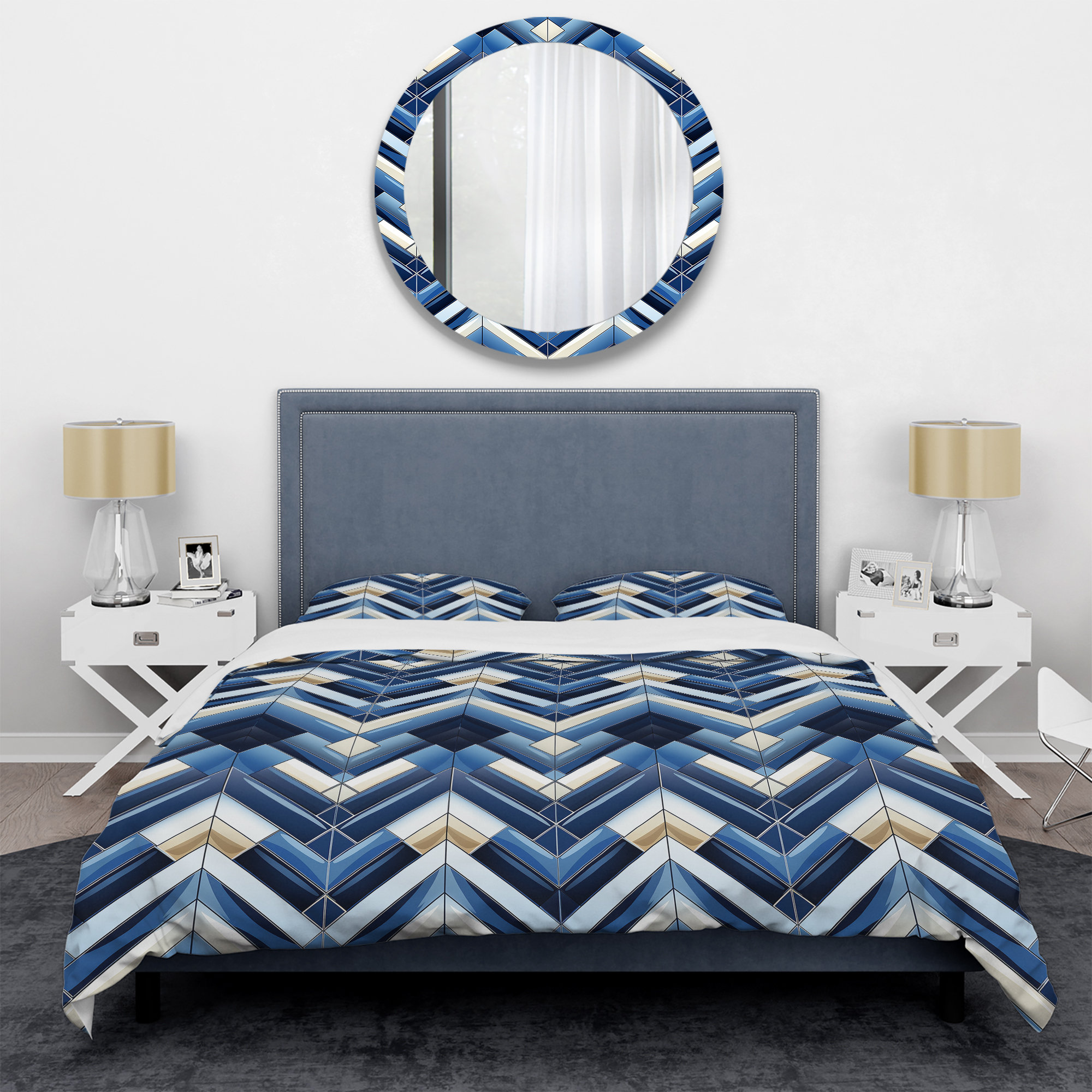 Design Art Vintage Cobalt Blue White Chevron Geometric III Blue/White ...