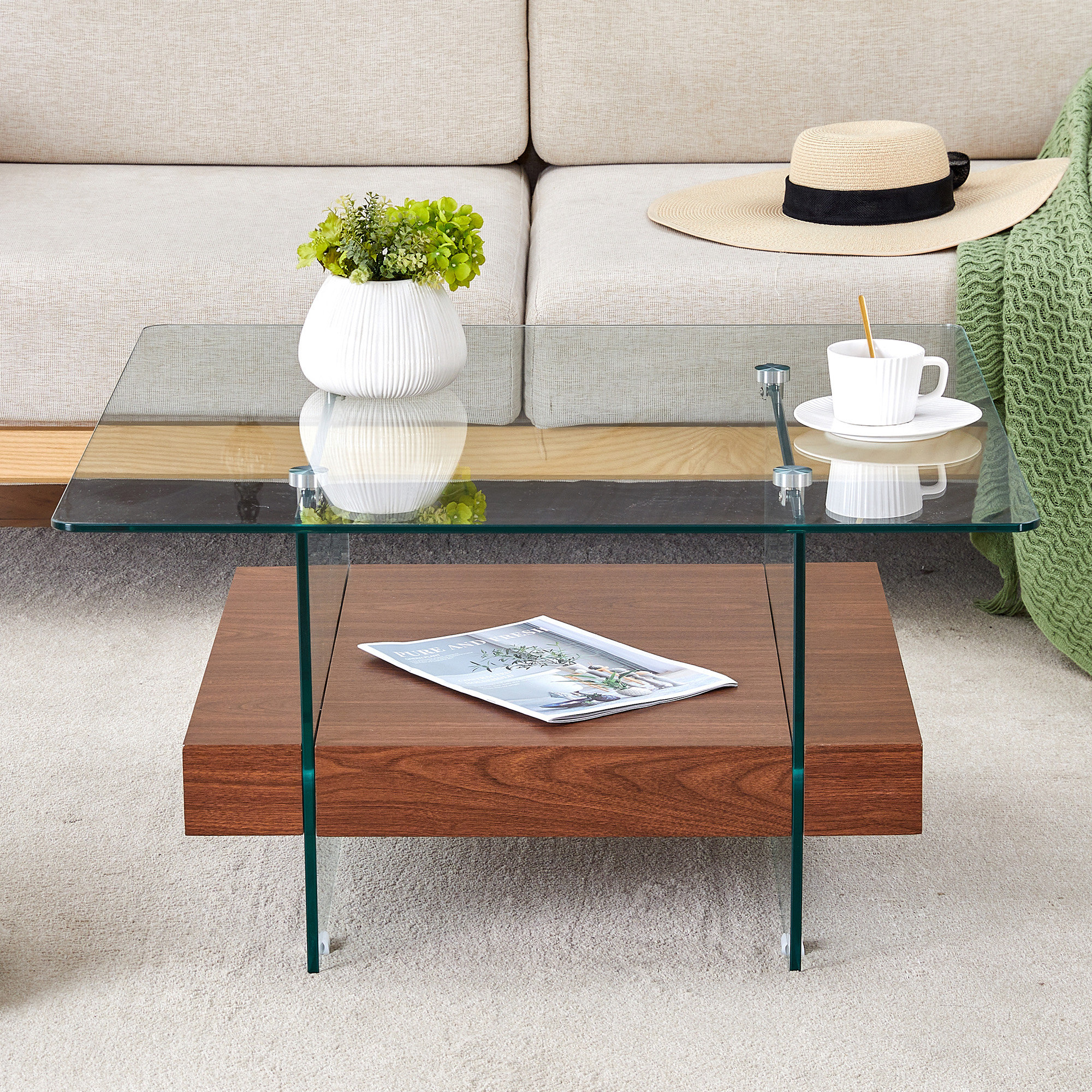 Wrought Studio™ Two-Tier Coffee Table - Tempered Glass Grain Texture ...