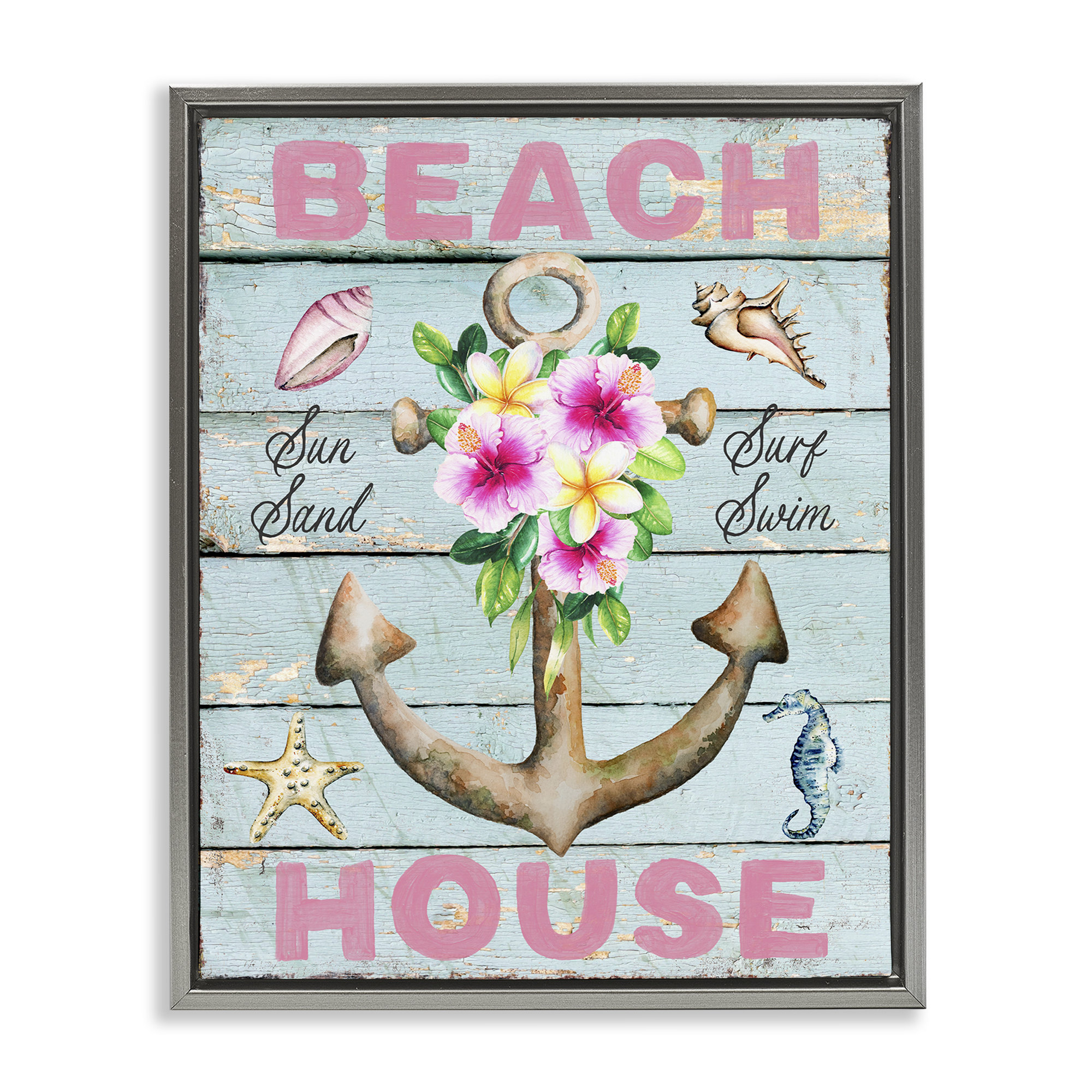 Breakwater Bay Pink Beach House Rustic Framed Floater Canvas Wall Art ...