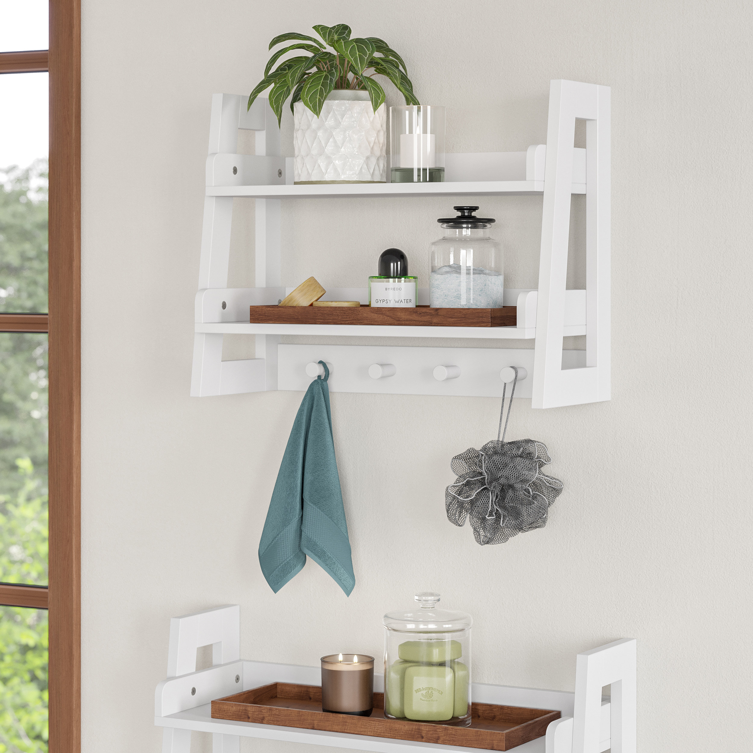 RiverRidge Home Amery 2-Tier Ladder Wall Shelf with Hooks - White ...