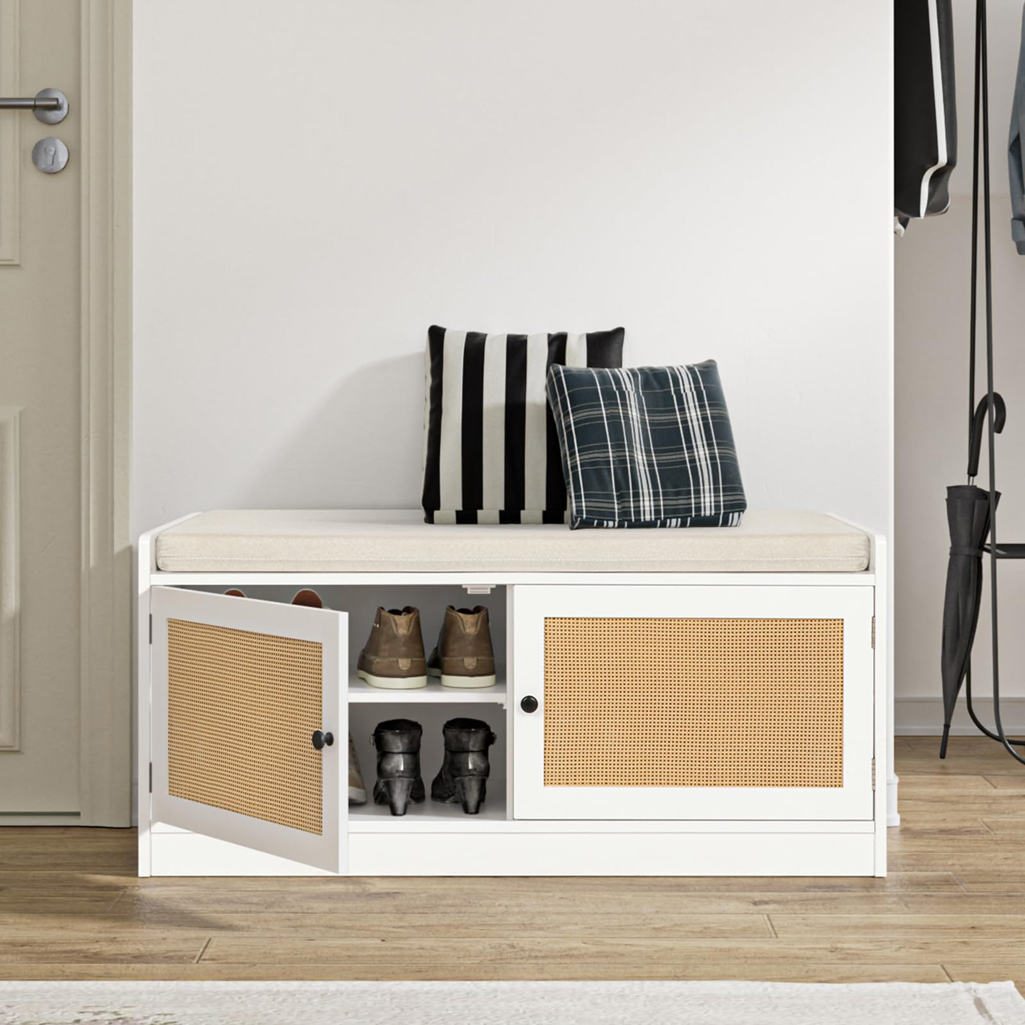 Bayou Breeze Wooden Shoe Rack Bench with Cushion and Adjustable Shelves ...