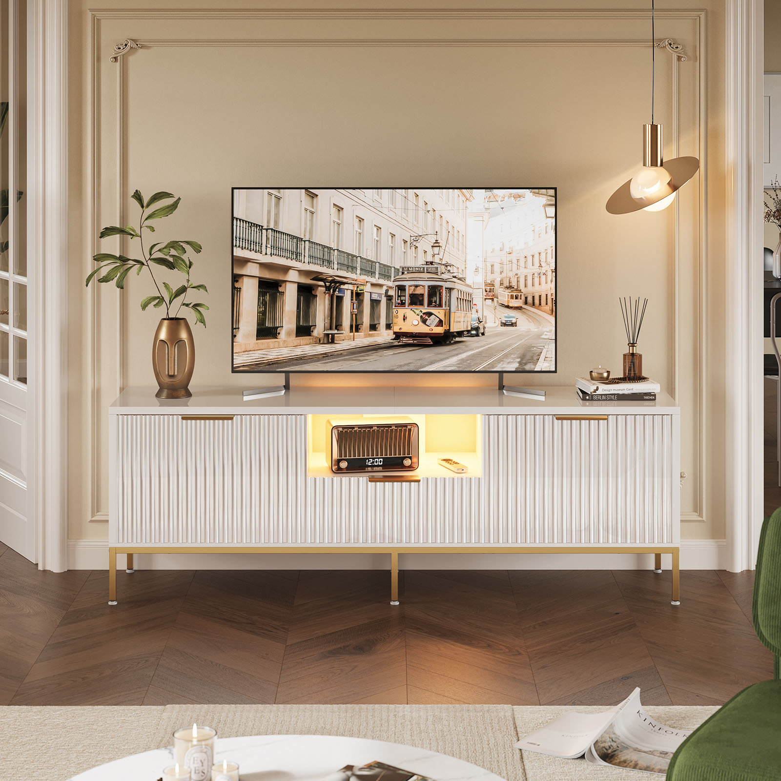 Mercer41 Kruszewski 55" Fluted TV Stand for 60 Inch TV, Glossy Media ...