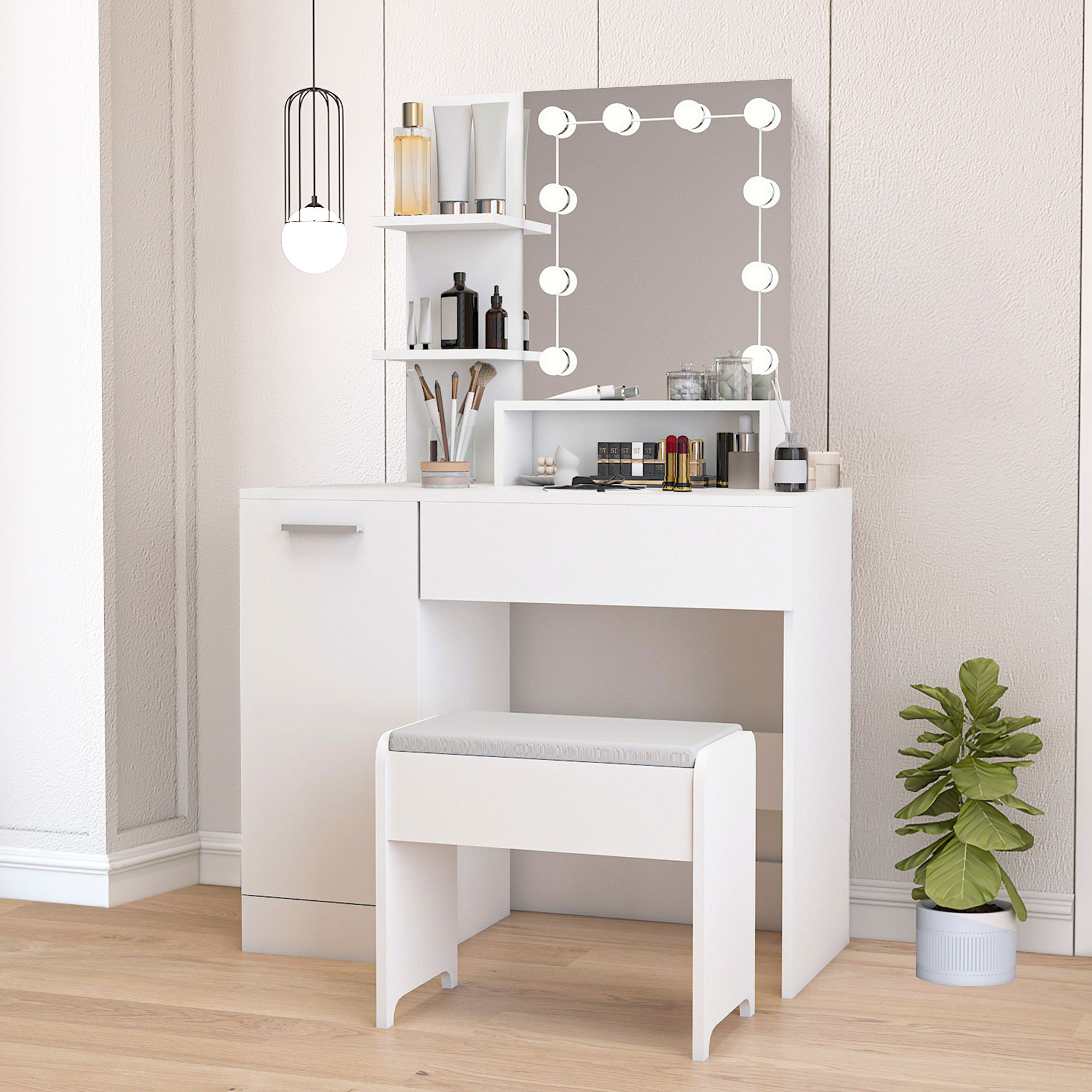 Ebern Designs Dressing Table With Padded Dressing Table Stool, Makeup ...