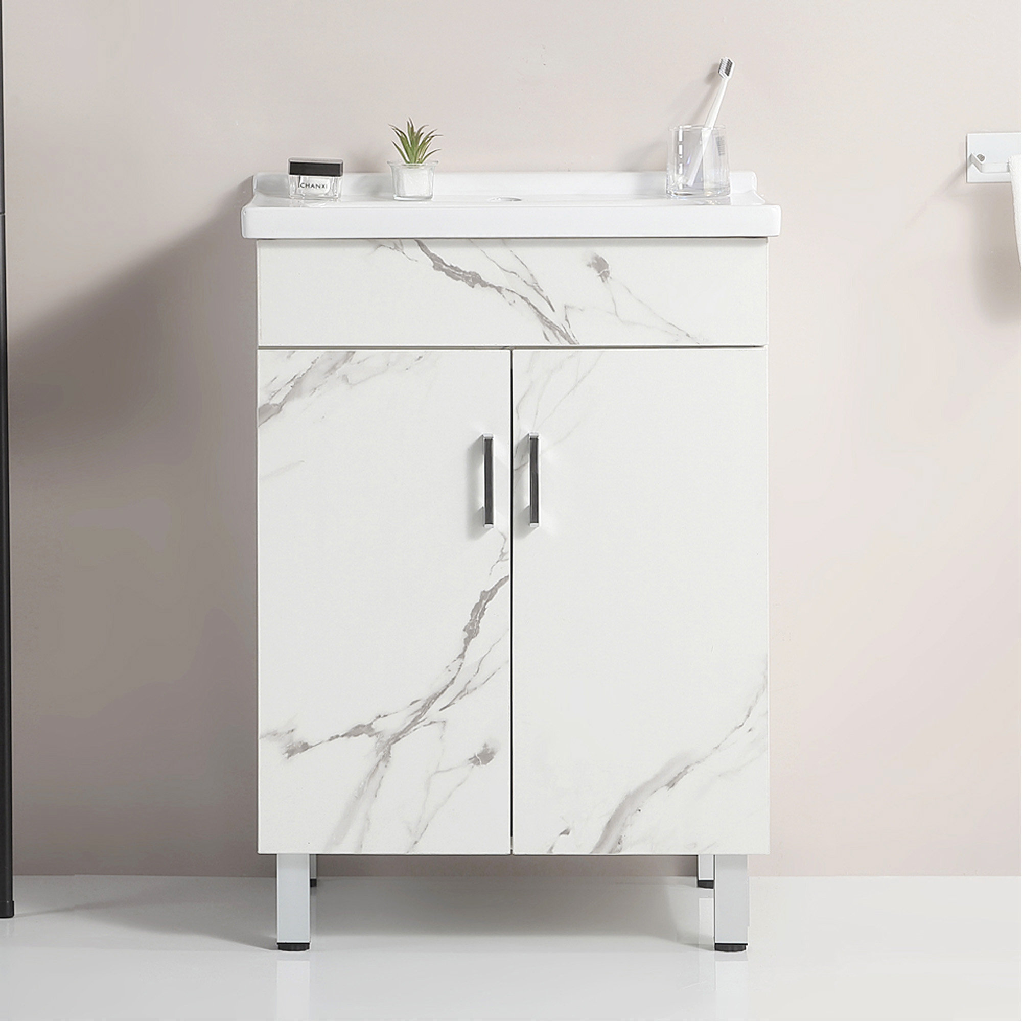 Wildon Home® 24-Inch Marble-Textured Bathroom Cabinet With Ceramic Sink ...