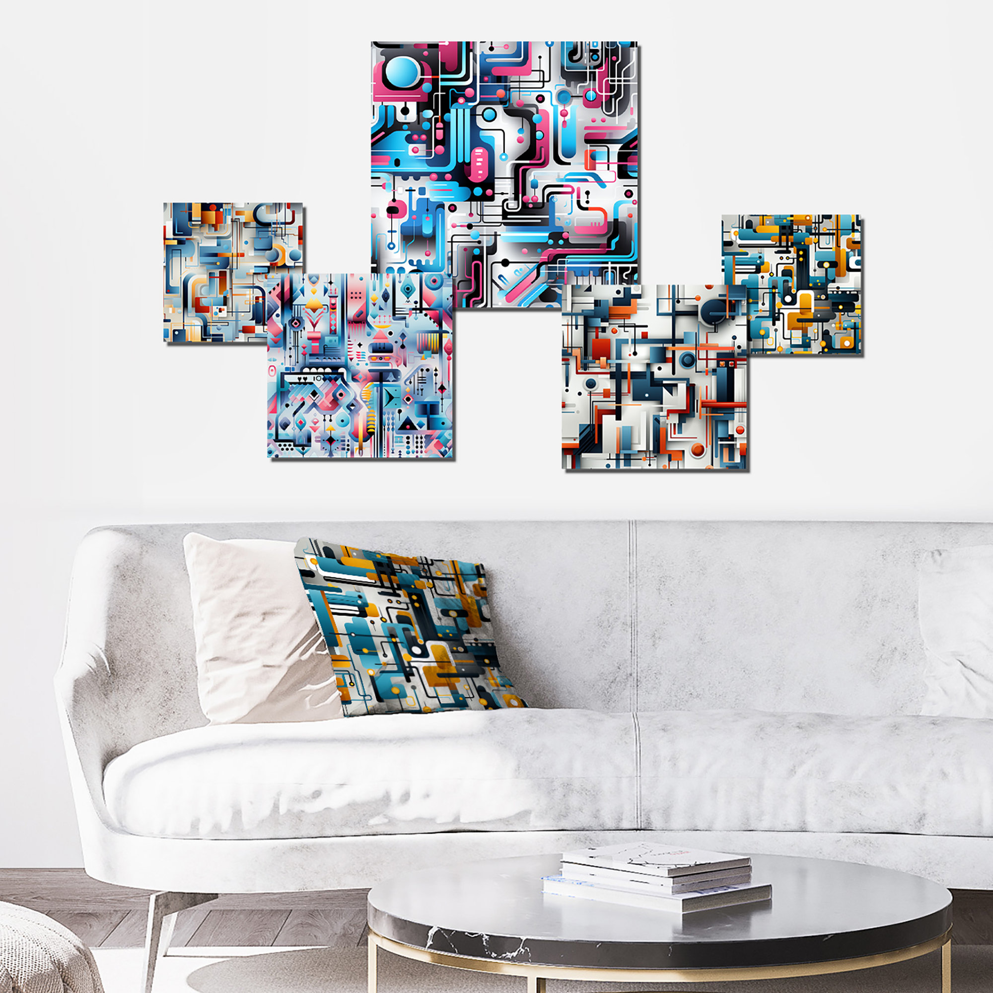 Design Art Blue Metropolis Matrix Pattern - Geometric Wall Art Set Of 5 ...