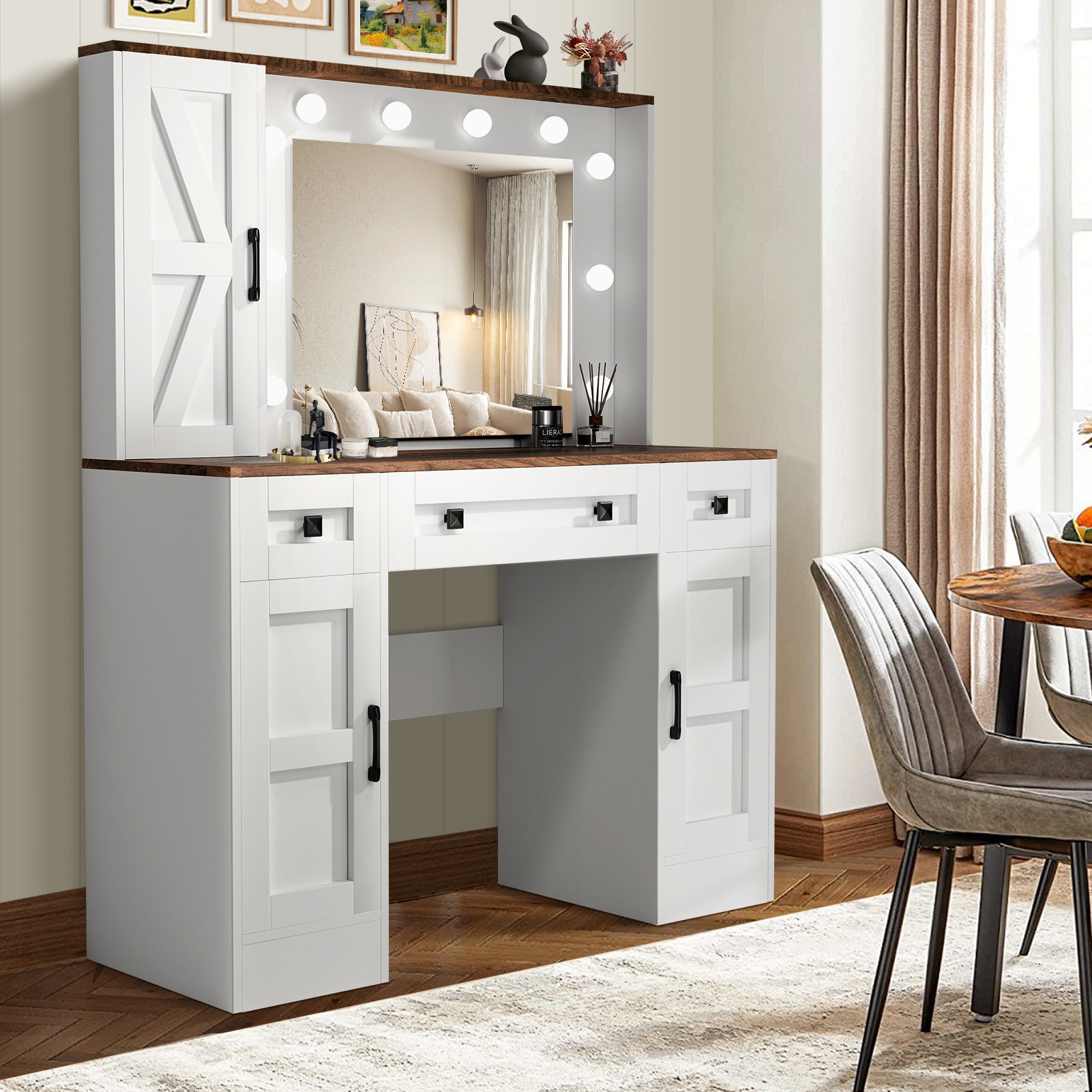 Winston Porter Farmhouse Vanity Desk With Mirror And Lights, Glass ...