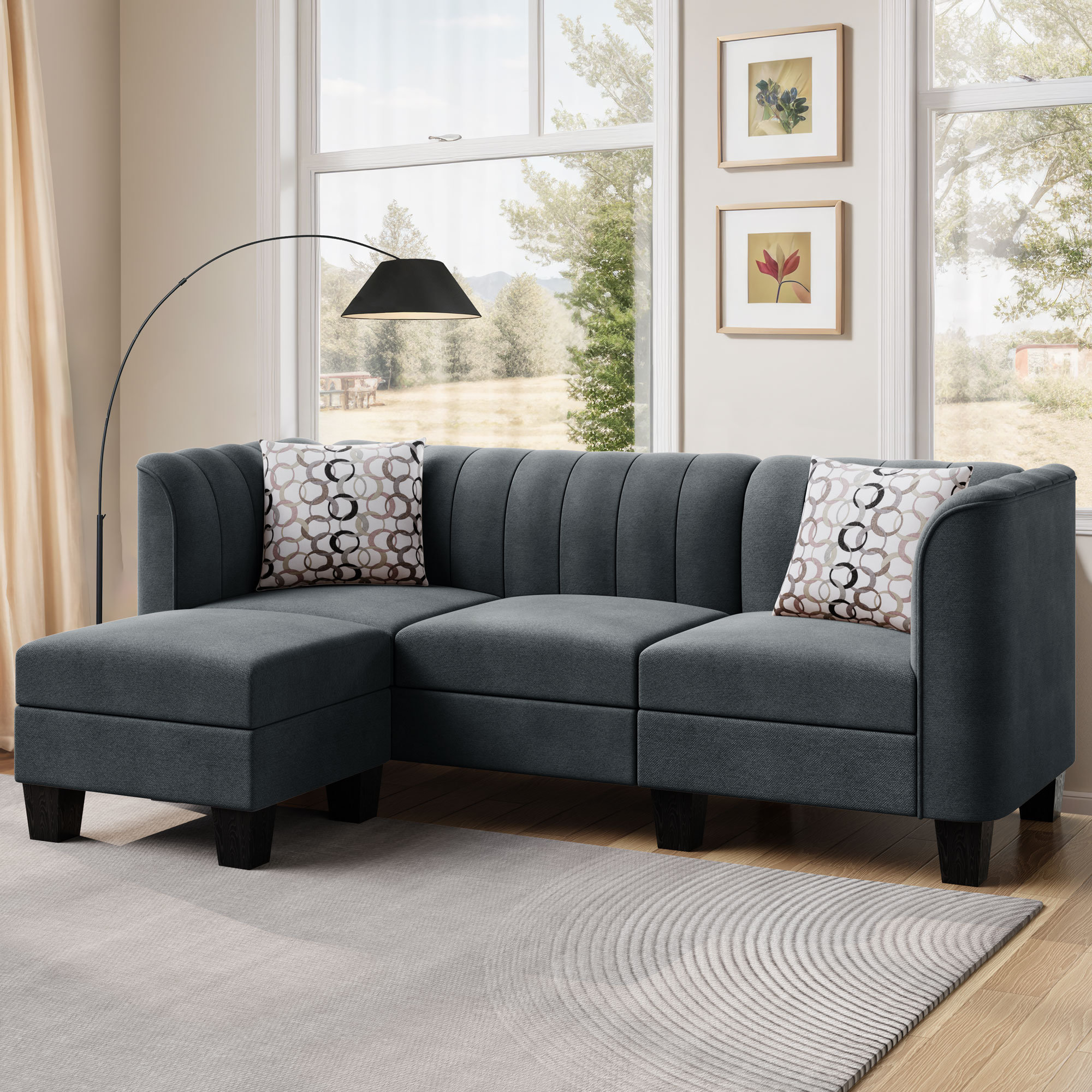Wade Logan Balkar Modern Three-Seater Sectional Sofa with Ottoman ...