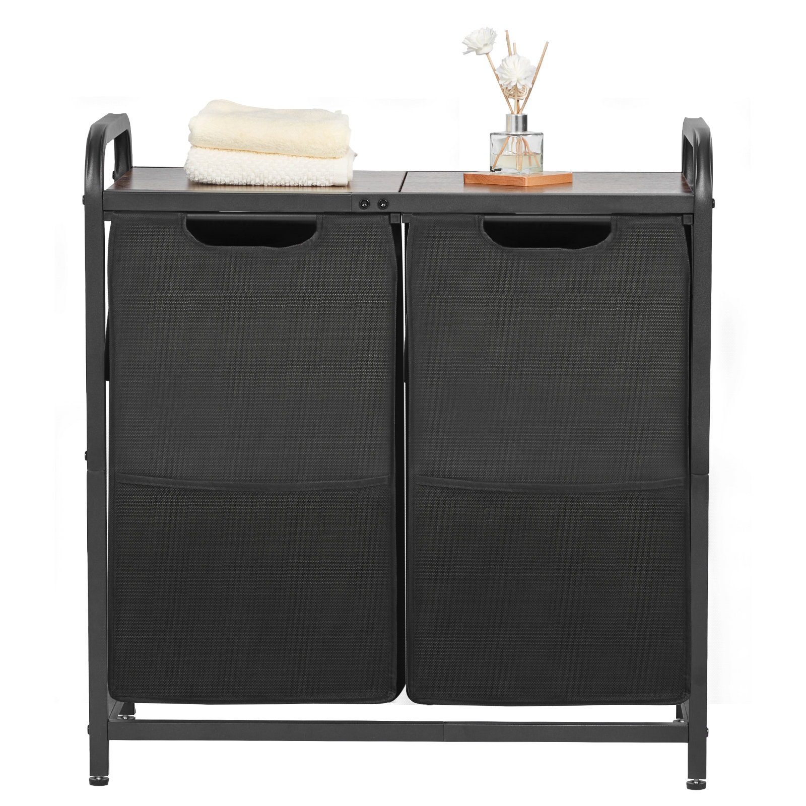 VEVOR 2 Section Laundry Sorter with Pull-Out Bags Metal Frame & Wooden ...