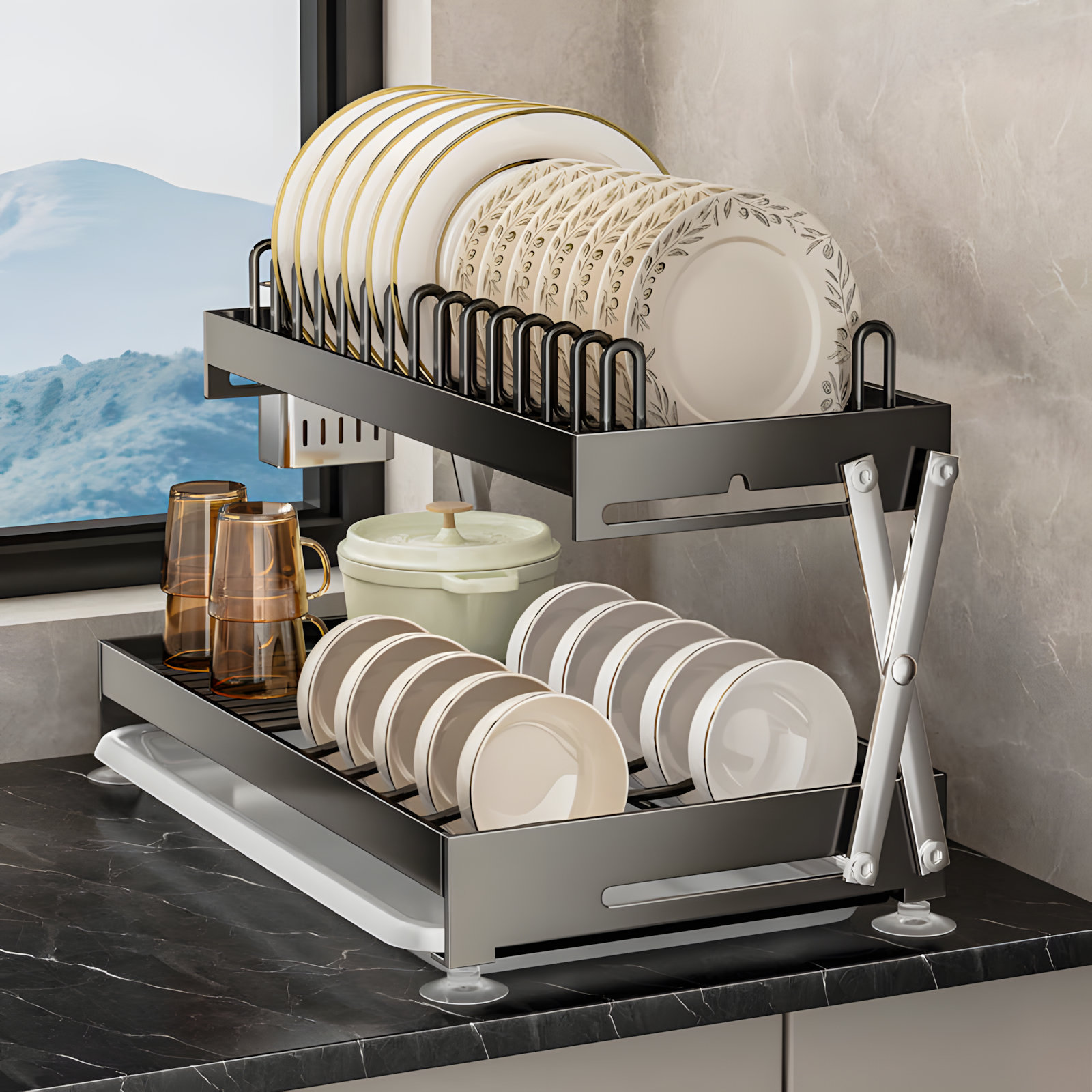 Xiangong 2-Tier Foldable Dish Rack With Utensil Holder, Space-Saving ...