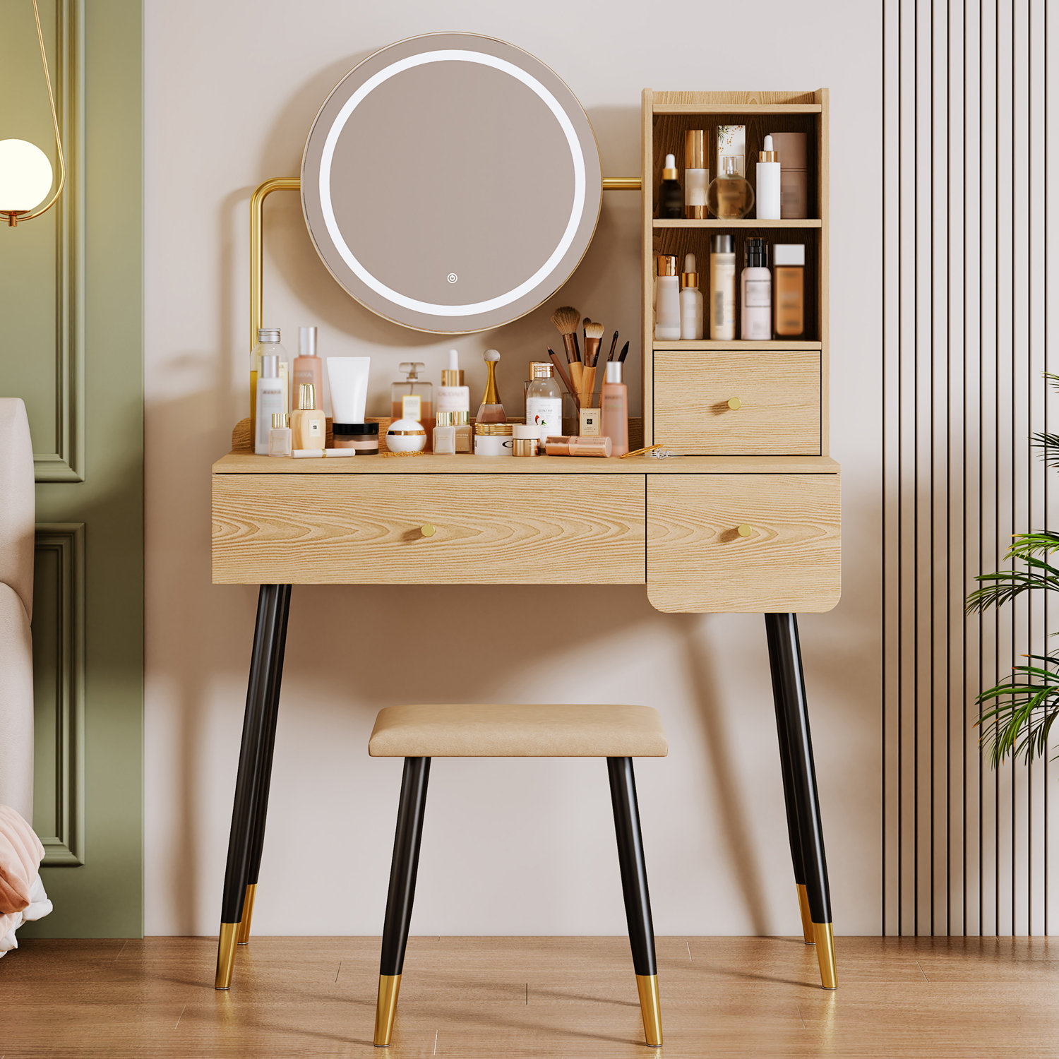 Mercer41 Vanity 35" W, Vanity Desk With Round Mirror And Lights, Vanity ...