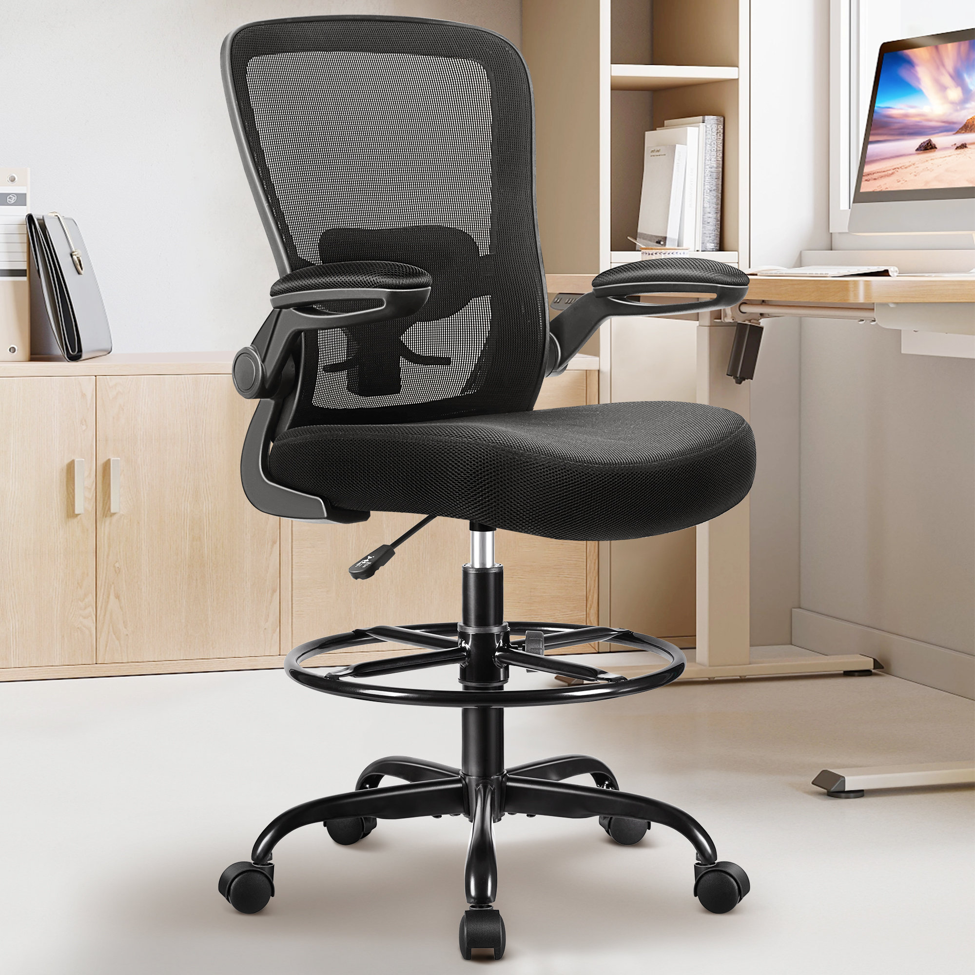 Inbox Zero Mesh Drafting Chair Tall Office Chair With Adjustable ...