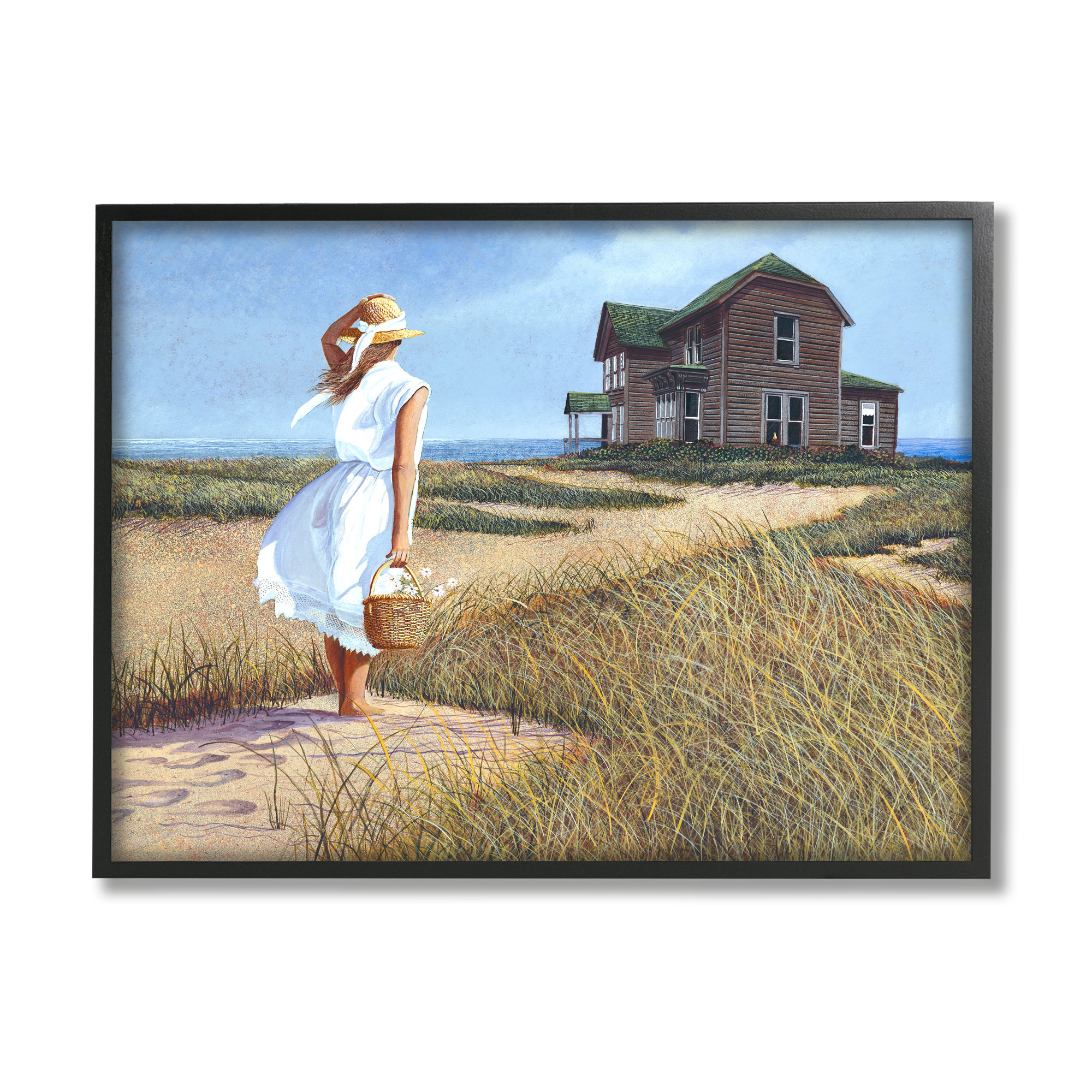 Stupell Industries Woman Standing Windswept Breeze Distant Beach House ...