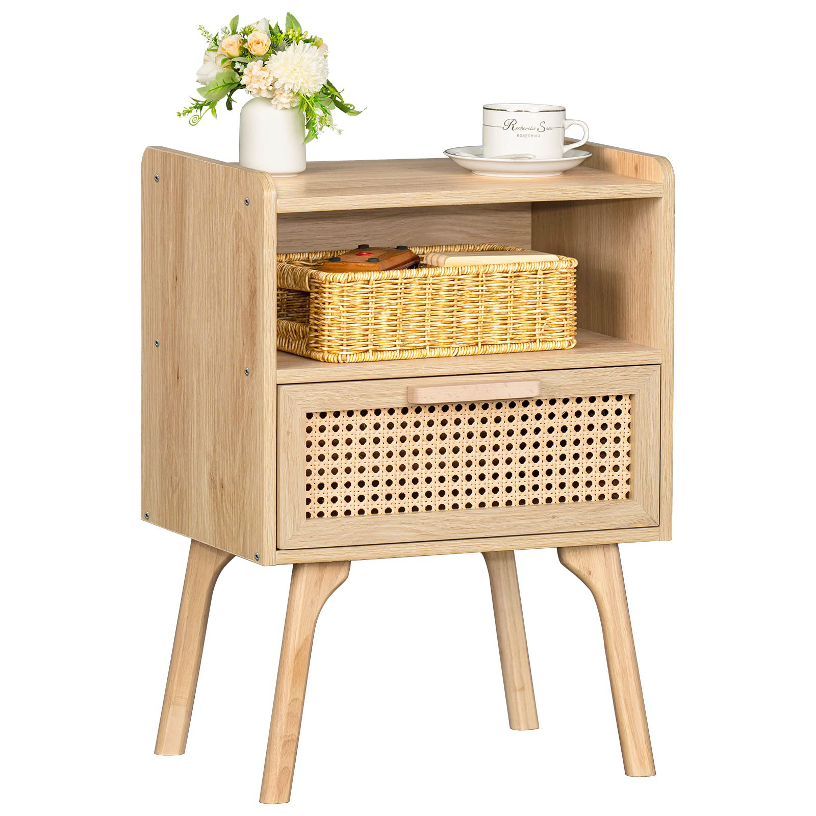 Dakota Fields Rattan Bohemian Style Bedside Table With Drawer Open ...