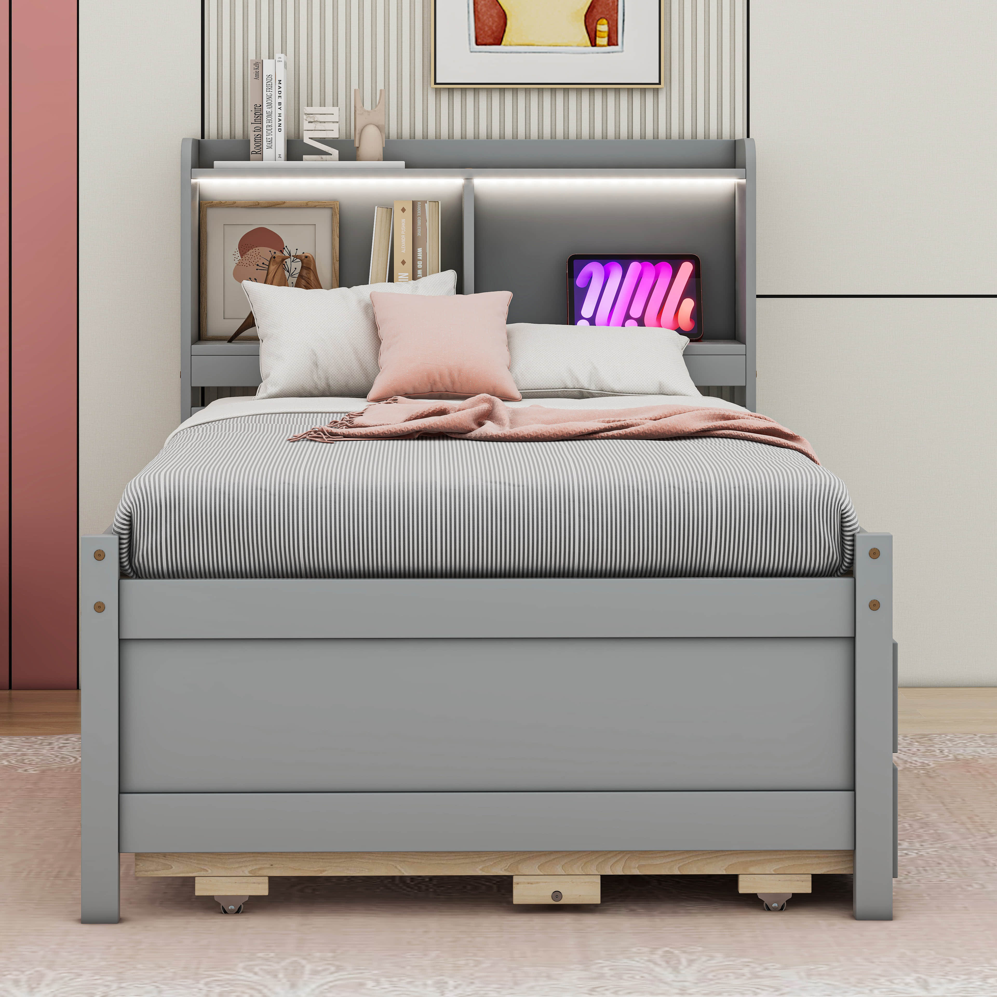 Lark Manor Twin Bed Frames With Bookcase Headboard And Charging Station ...