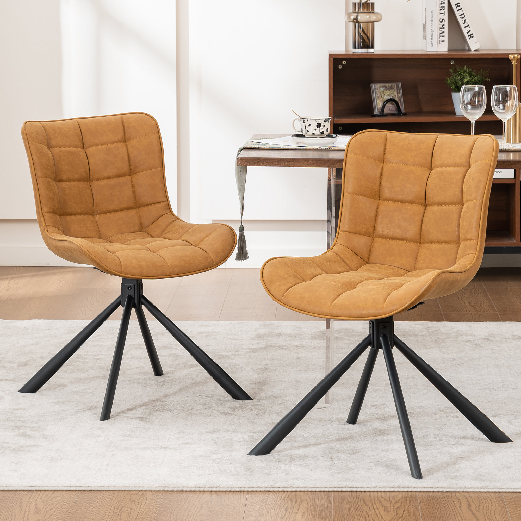 Ebern Designs Tufted Swivel Leather Upholstered Side Chairs Modern ...