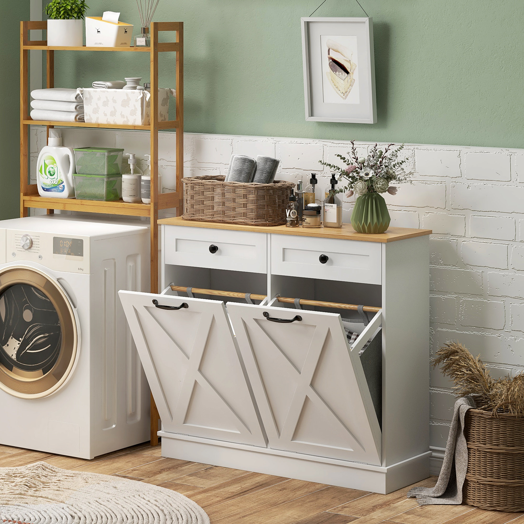 Rebrilliant Double Tilt Out Laundry Hamper Cabinet With 2 Removable ...