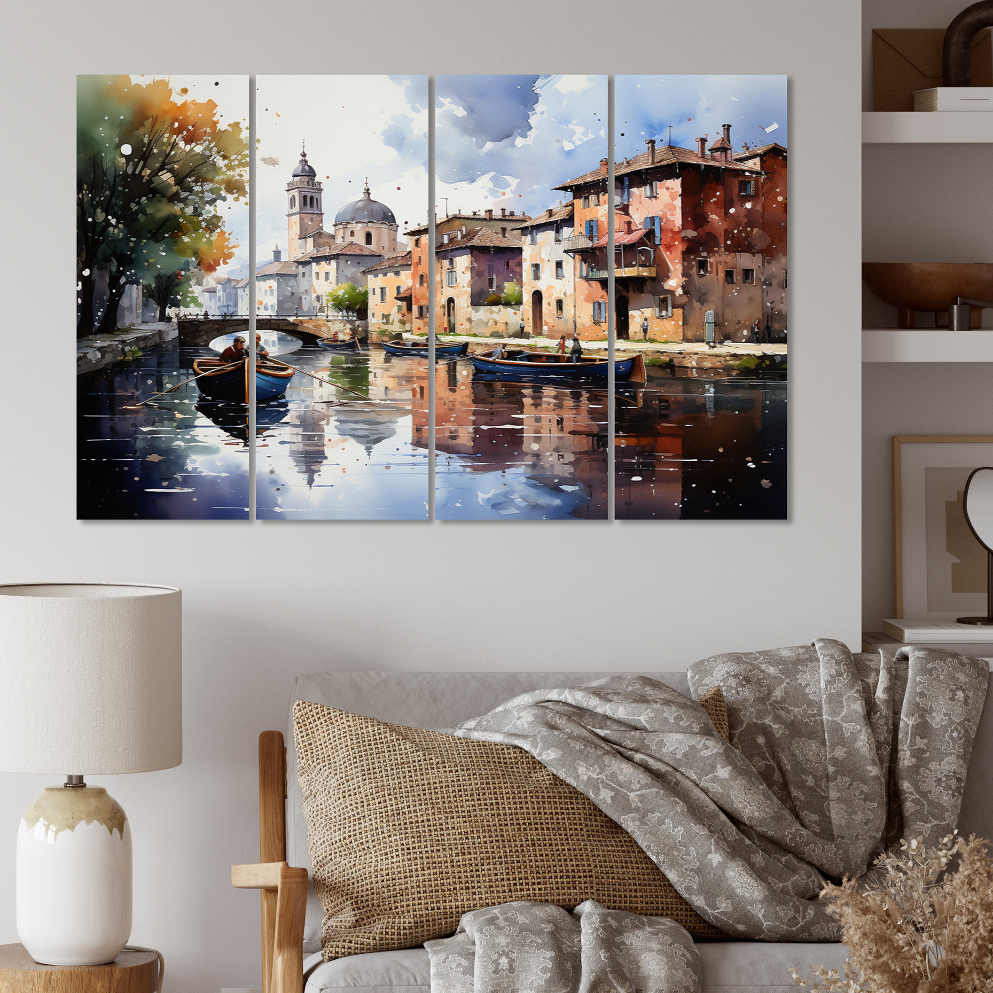DesignArt Beige Canal Waterways Pointillism Wall Decor on Metal | Wayfair
