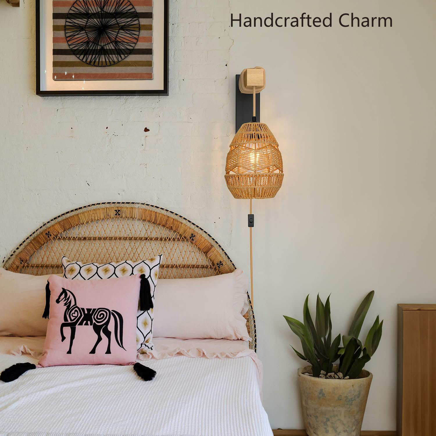 Bay Isle Home™ Plug in Wall sconces Set of 2,Handwoven Boho Wall Decor ...