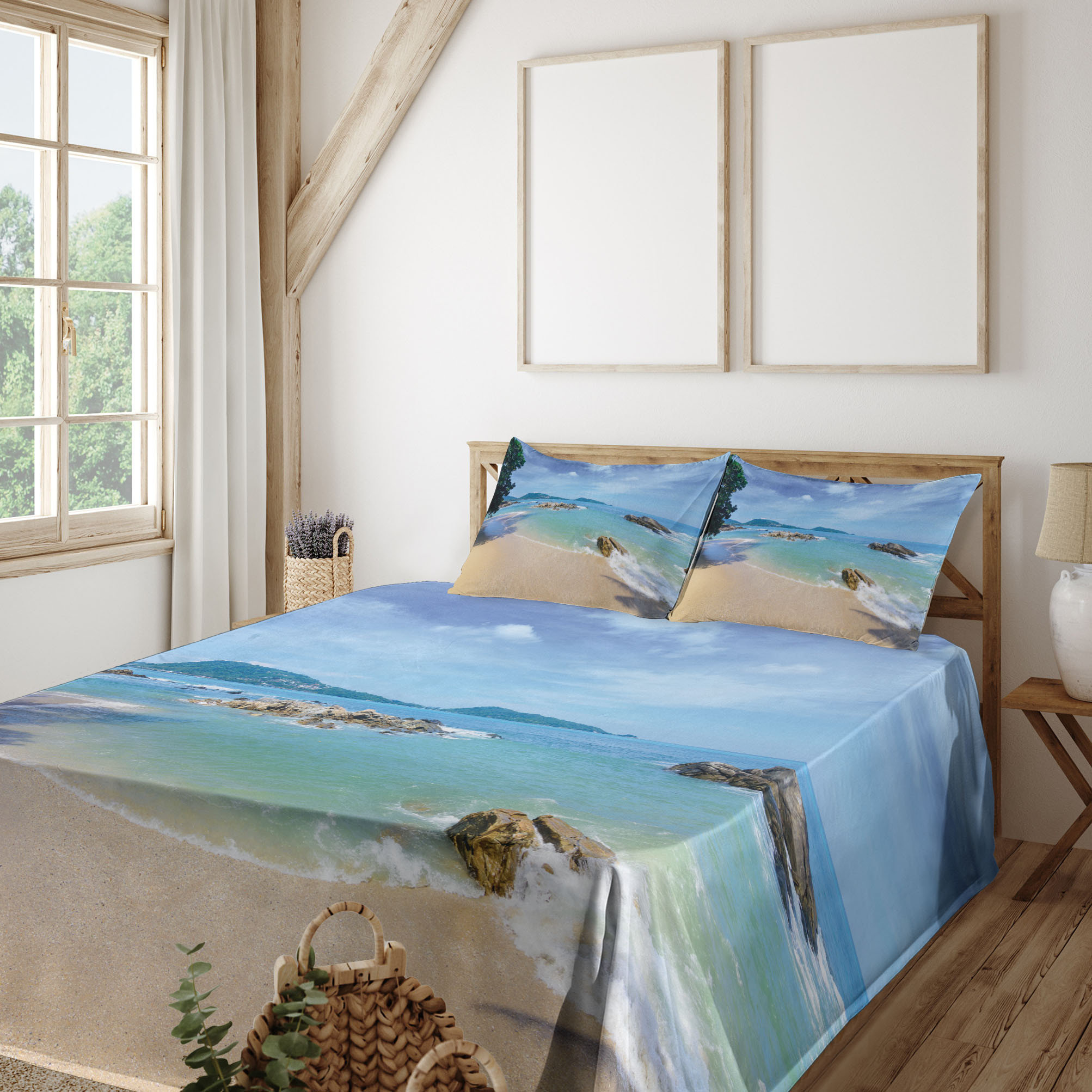 Ambesonne Landscape Sheet Set Beach Sea Waves Scenery Pale Slate Blue ...