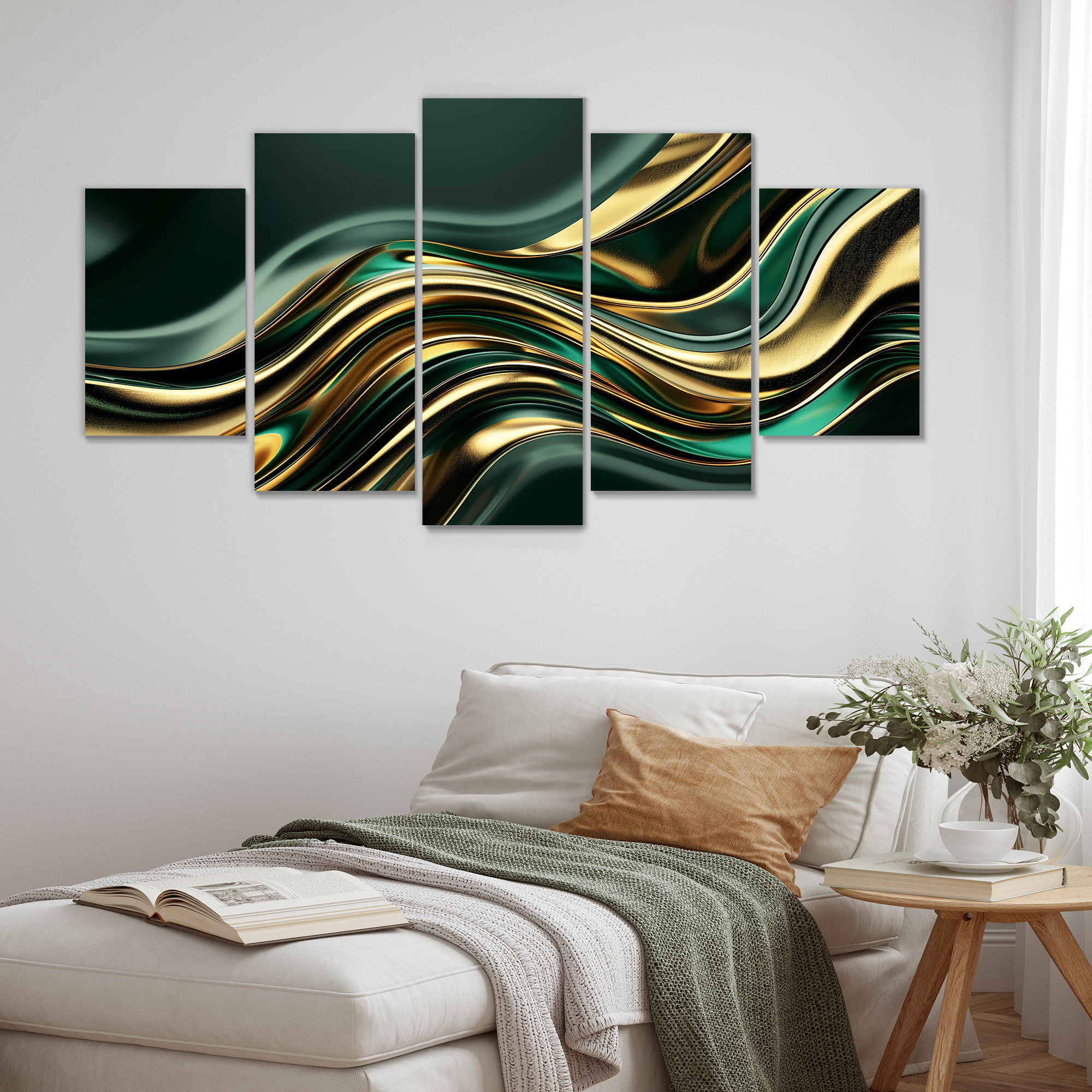 Design Art Liquid Emerald Gold Flows - Waves Wall Art Decor Set 5 Piece ...