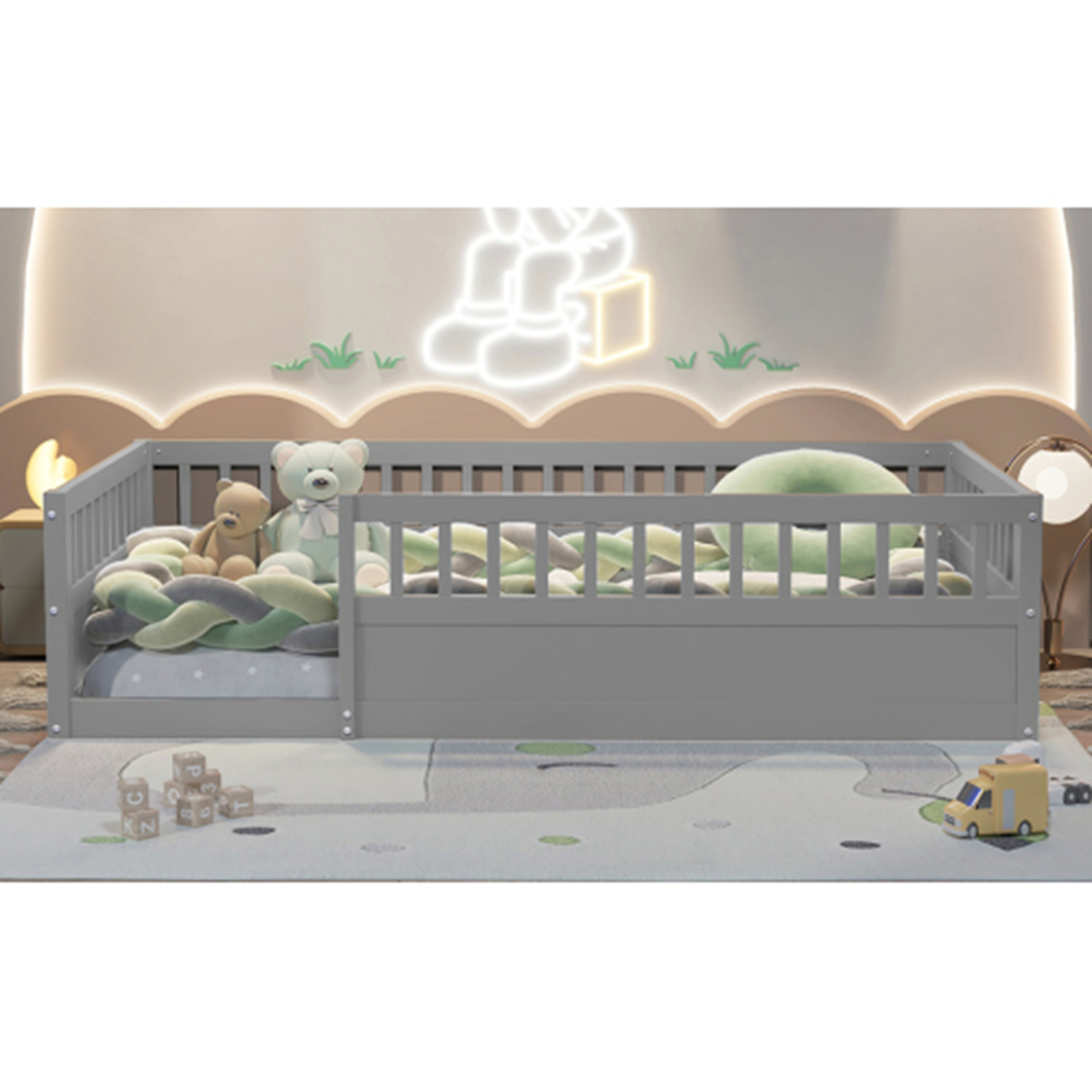 Harriet Bee Twin Floor Bed Frame with Fence, Wood Kids Floor Beds Frame ...