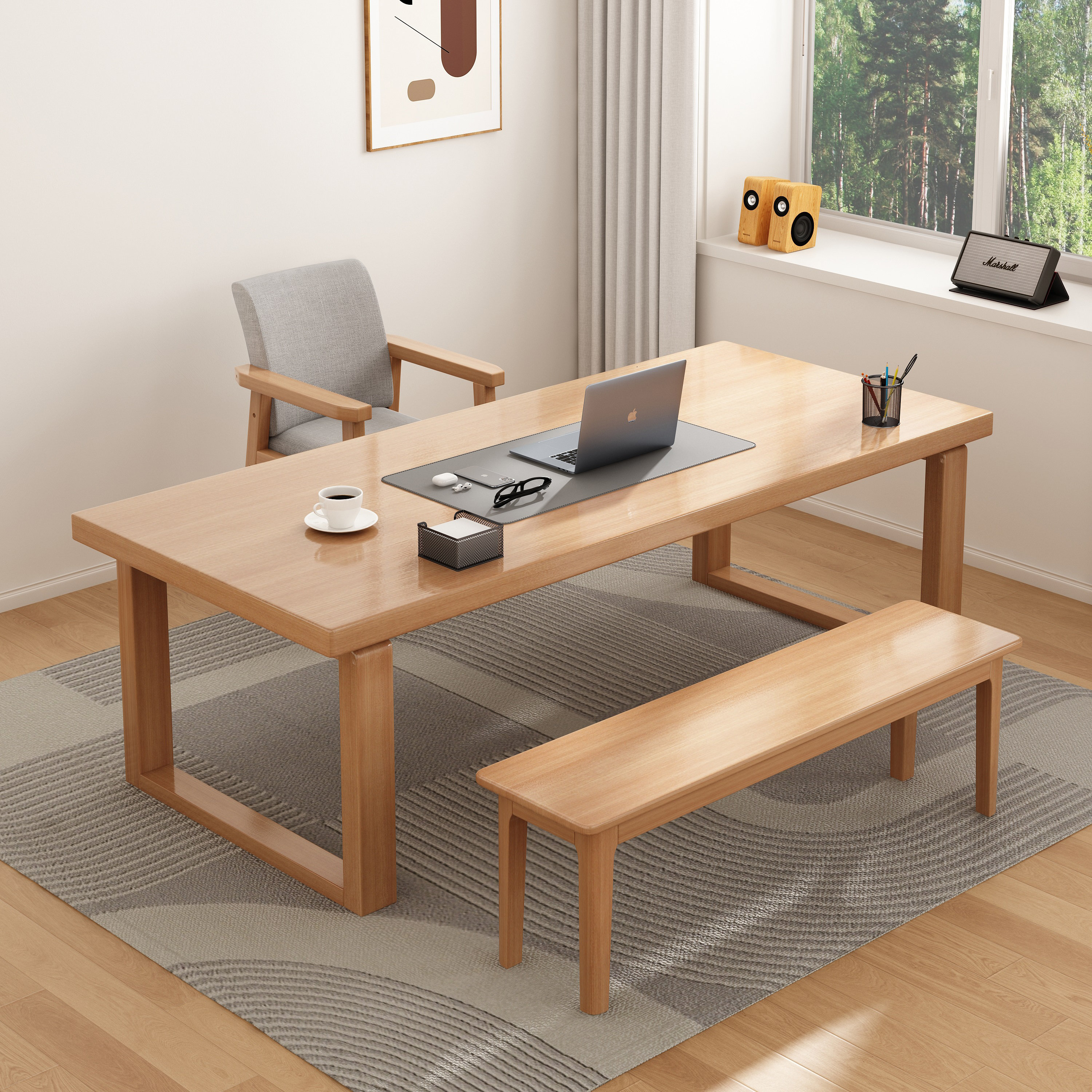 Latitude Run® 3-Piece 63" Computer Desk Writing Desk with Chair Bench ...