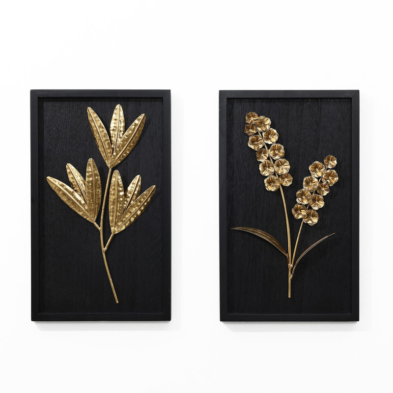 House of Hampton® Gold Flowers And Plants With Black Wood Back And ...