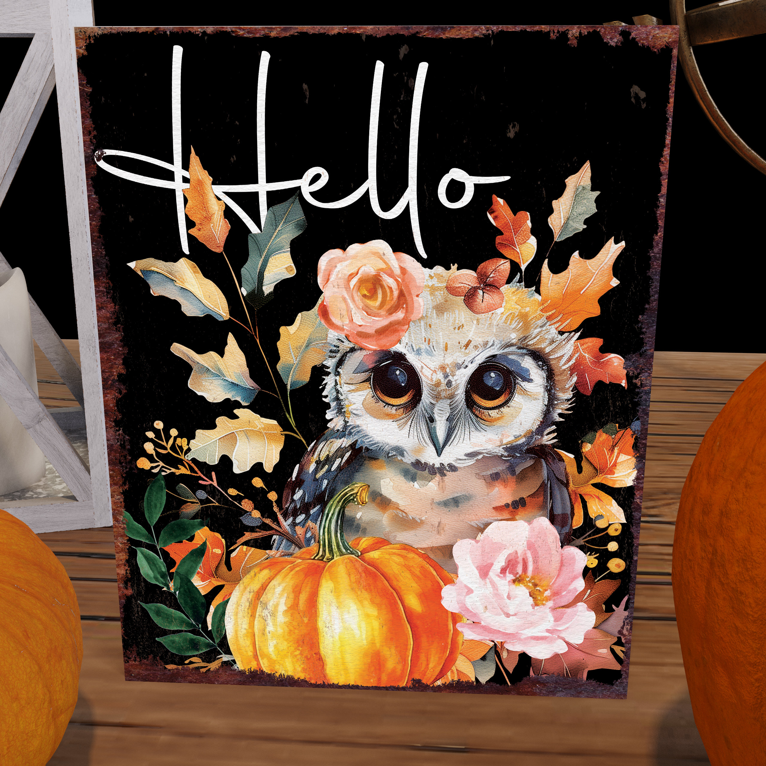 August Grove 15in Hello Fall Owl Table Decor | Fall Wooden Tabletop ...