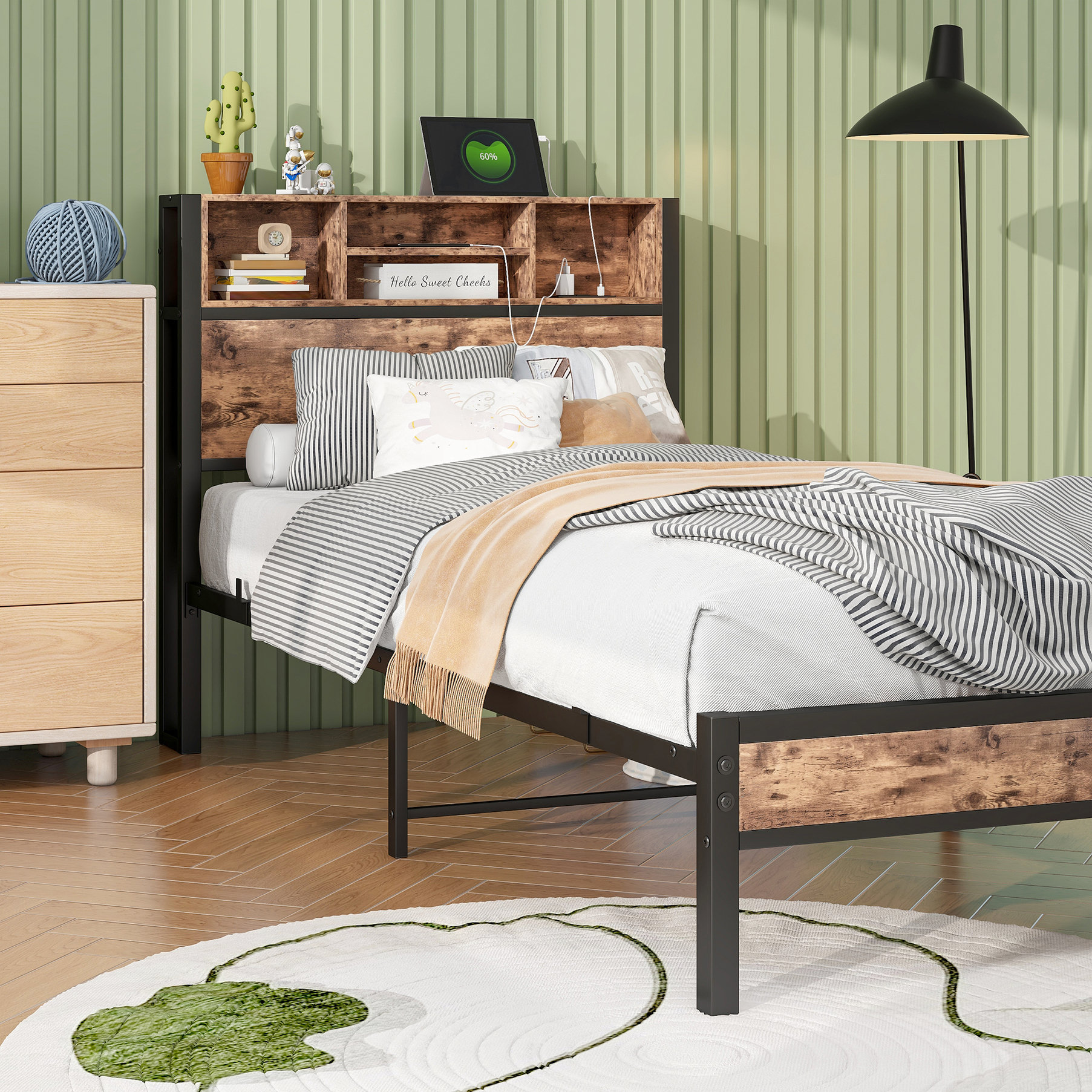 Alwyn Home Black Brown Twin Platform Bed Frame With Charging And 4 ...