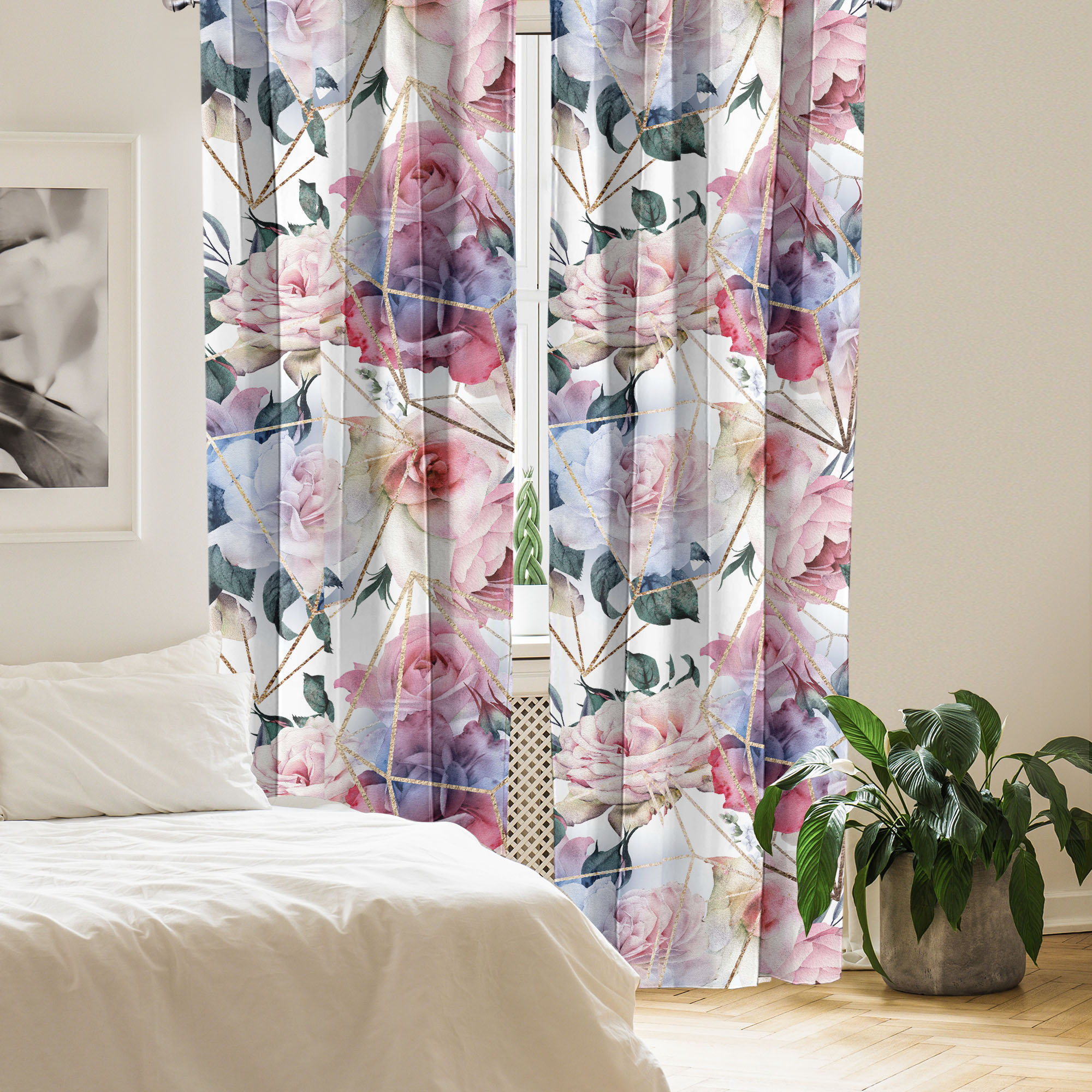 East Urban Home Geometric Floral Curtains Roses Blossoming Pair of 28 Pale Pink and Hunter Green ...