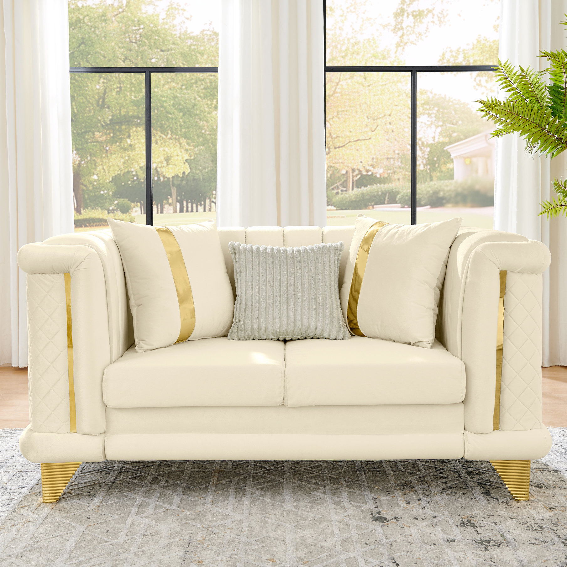 Everly Quinn 69 Inches Beige Victorian Mid Century Modern Velvet With ...