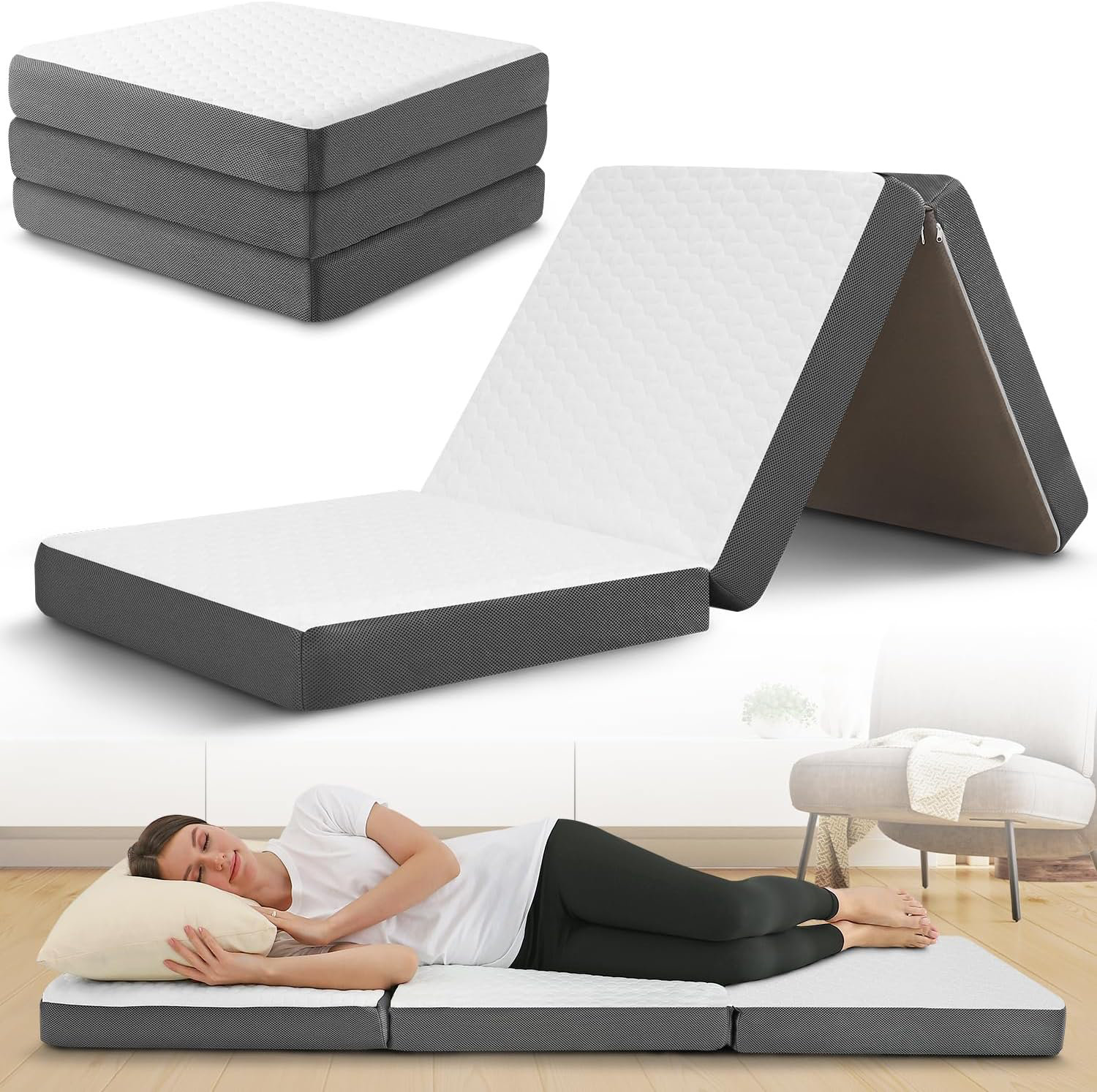 Alwyn Home Tri Folding Mattress With Memory Foam Layer - 4 Inch Trifold ...