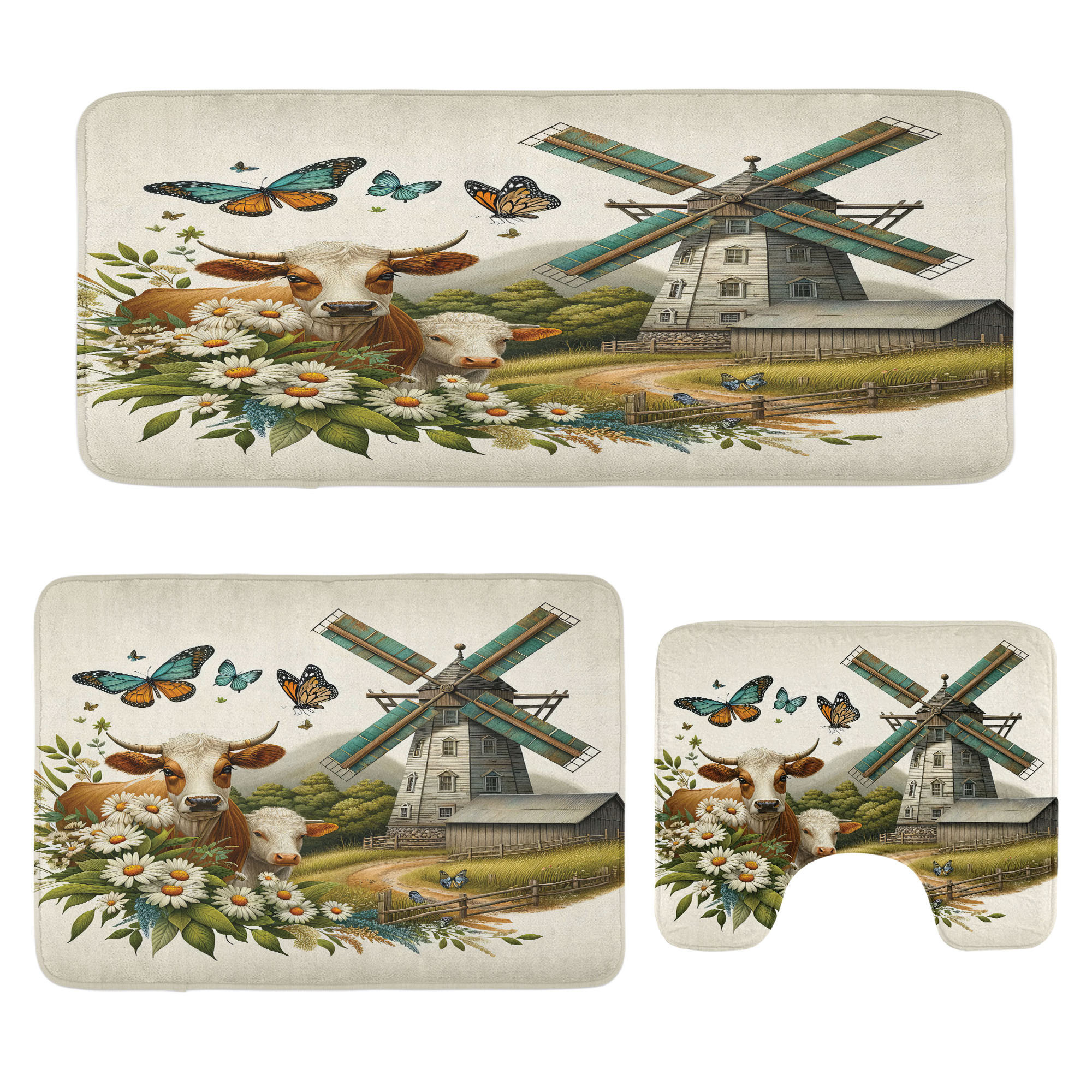 East Urban Home Farmhouse Bathroom Rug Set 3 Pieces U-Shape & Rectangle ...