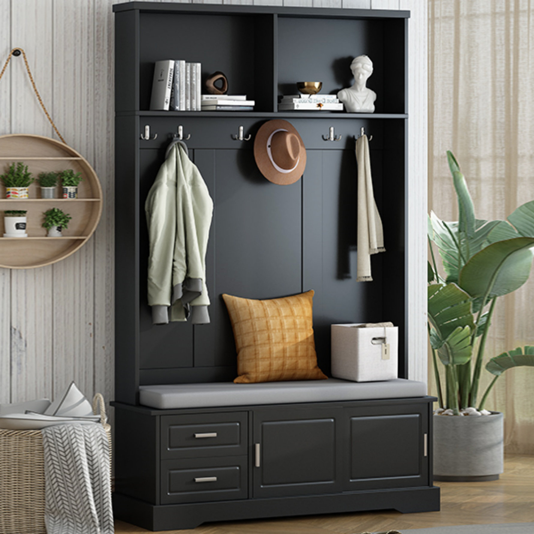 Wildon Home® Elegant Hall Tree With Sliding Doors, 6 Hooks And Bench ...