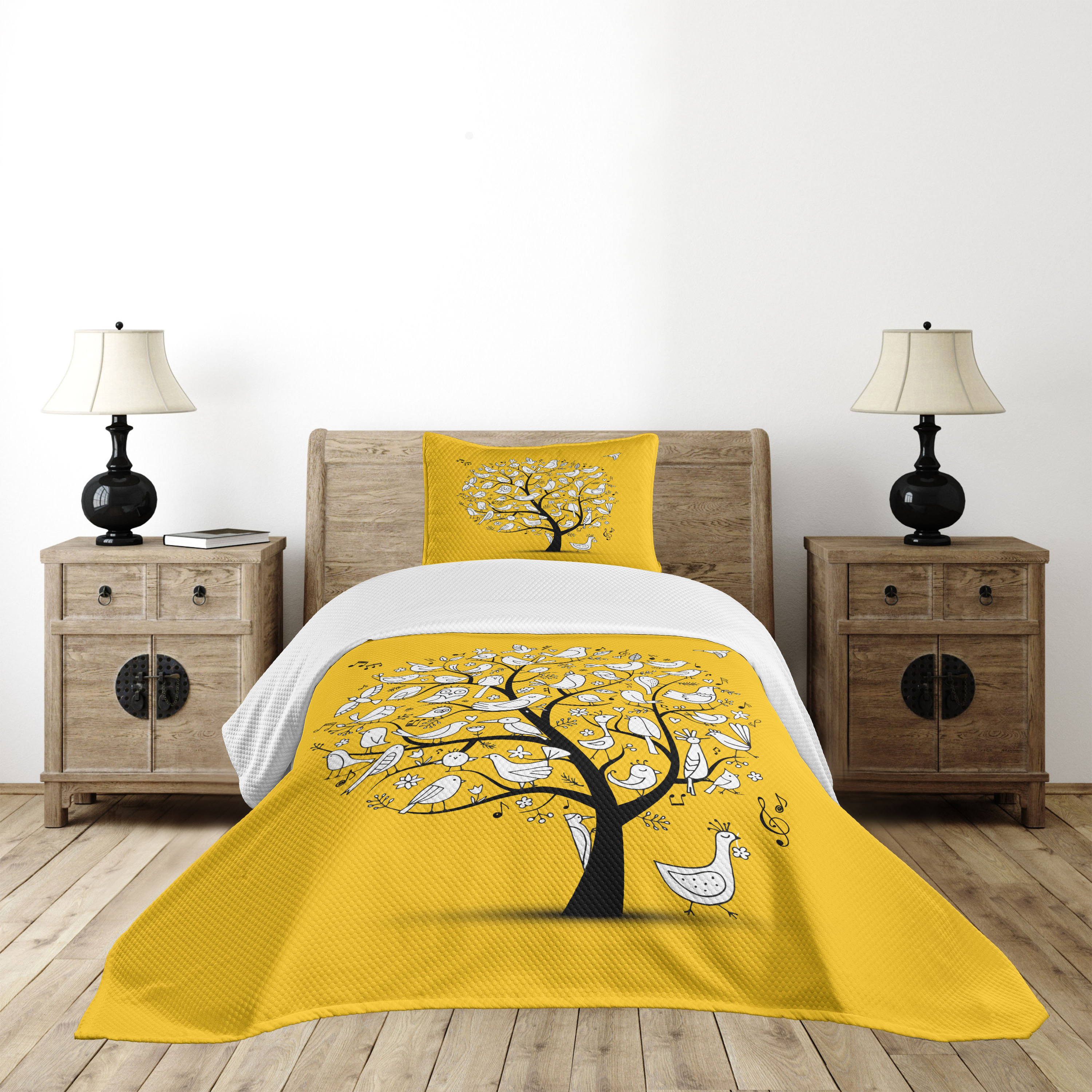 Ambesonne Yellow Bird Bedspread Set Doodle Birds Branches Earth Yellow ...