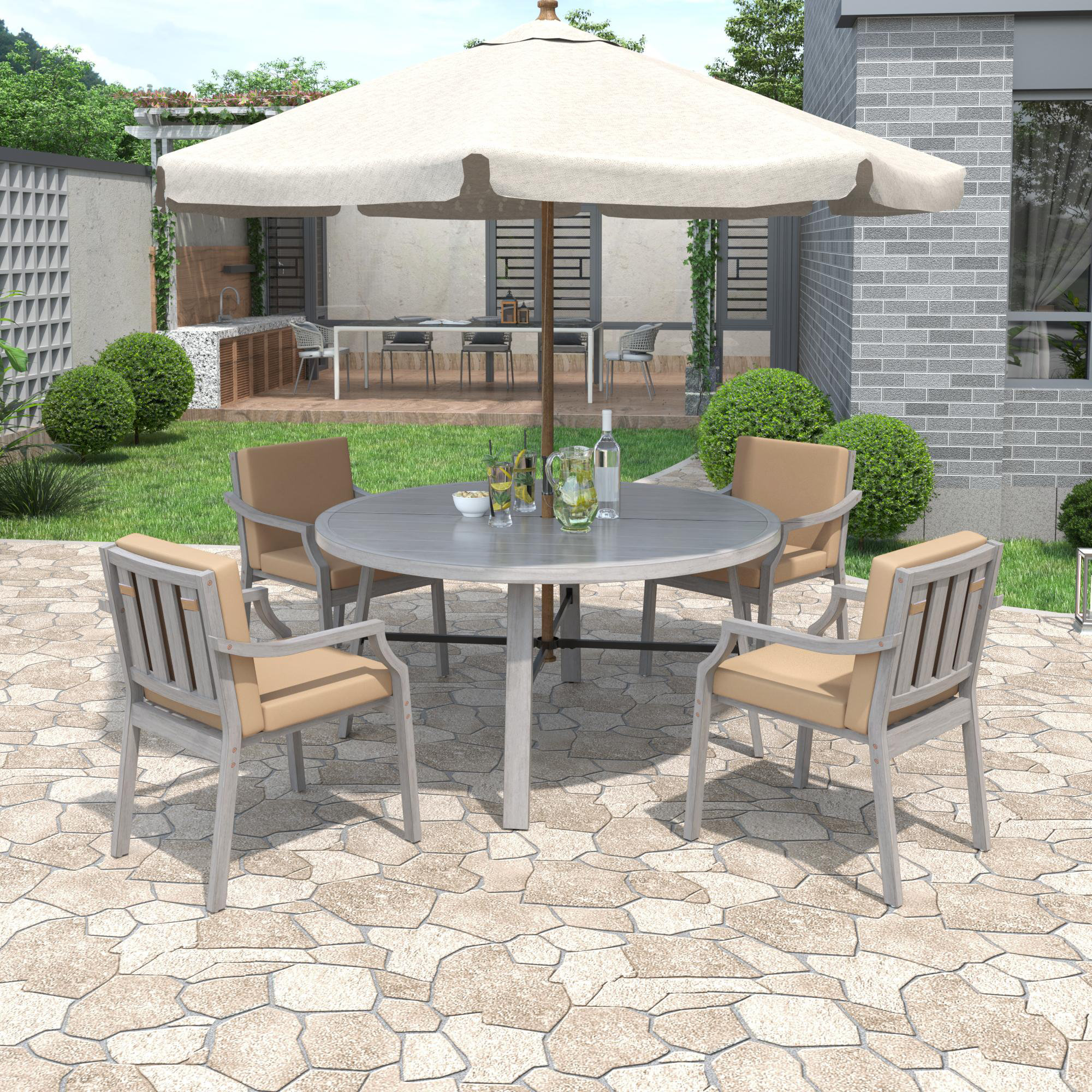 Gracie Oaks Outdoor Dinning Set 4-Person Outdoor Wooden Dinning Set ...