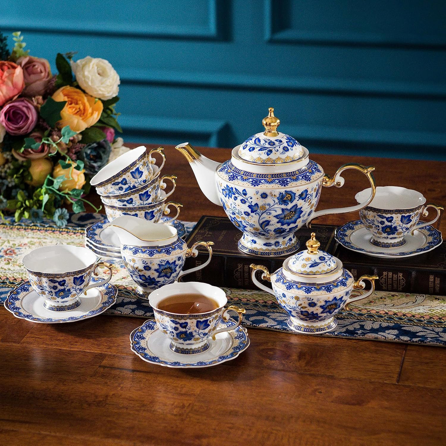 DESGENT Blue and White Vintage Floral Tea Sets 21 pieces Bone China Tea ...
