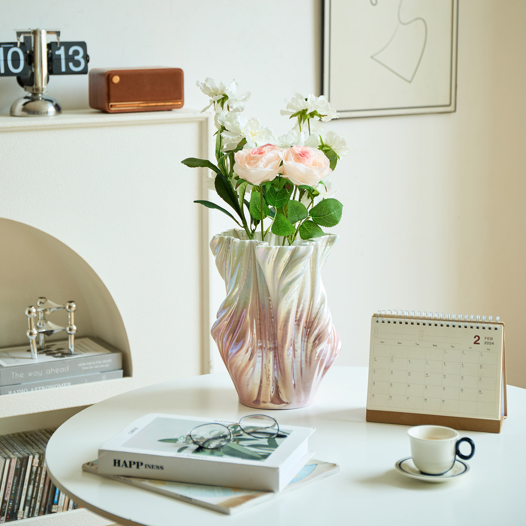 Wade Logan Vase de table en céramique avec glacis nacré, motif ondulé ...