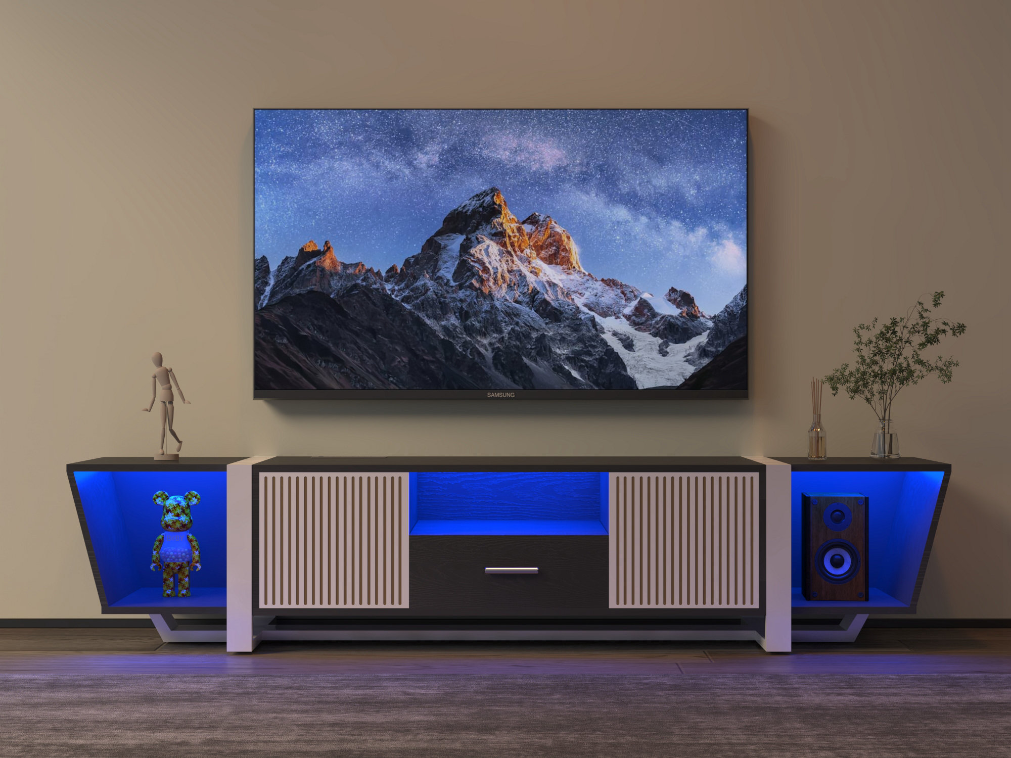 Ivy Bronx TV Console With Large Storage Cabinets, Biplane Shape Design ...