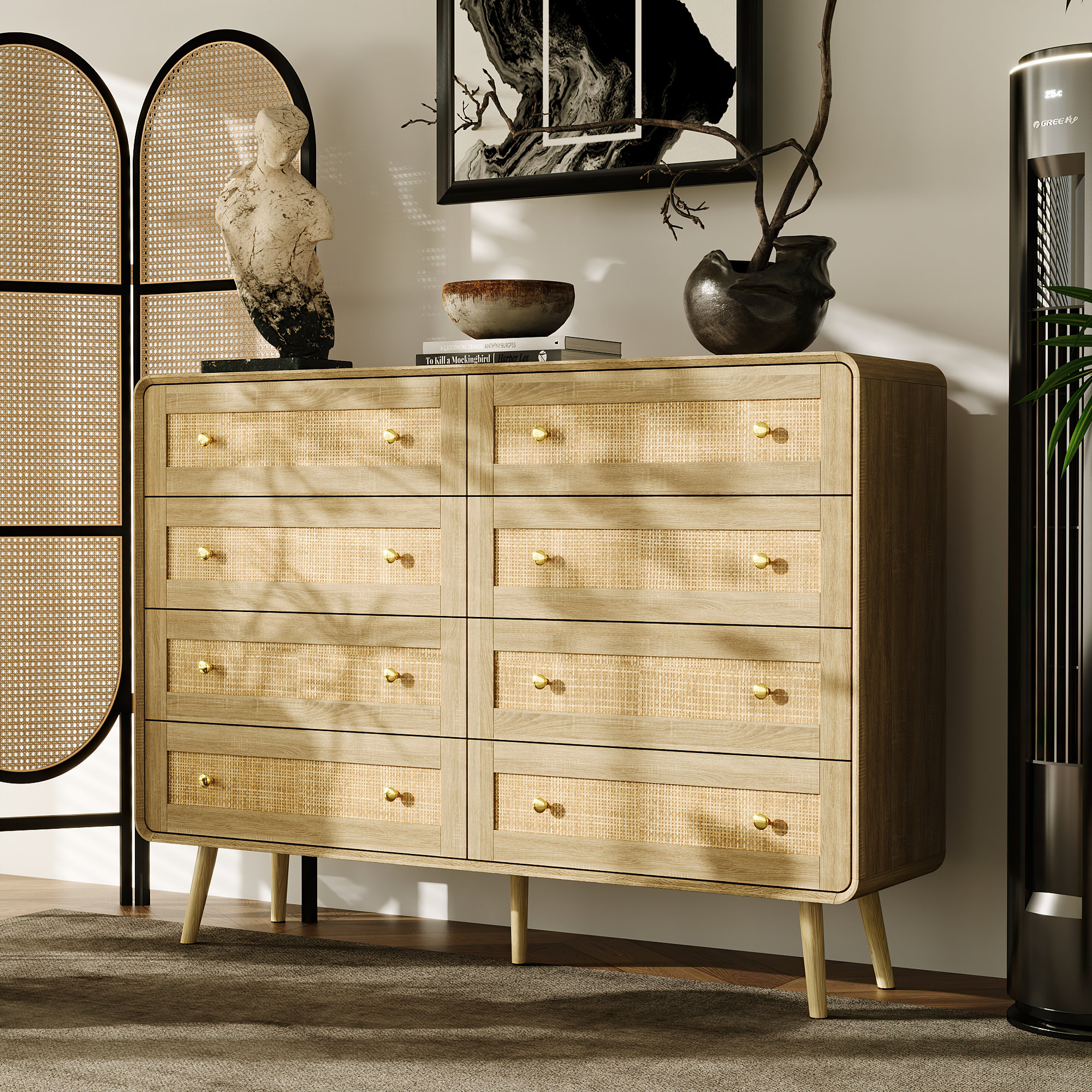 MoonQuake Mid-Century Modern 8-Drawer Dresser With Rattan Fronts And ...