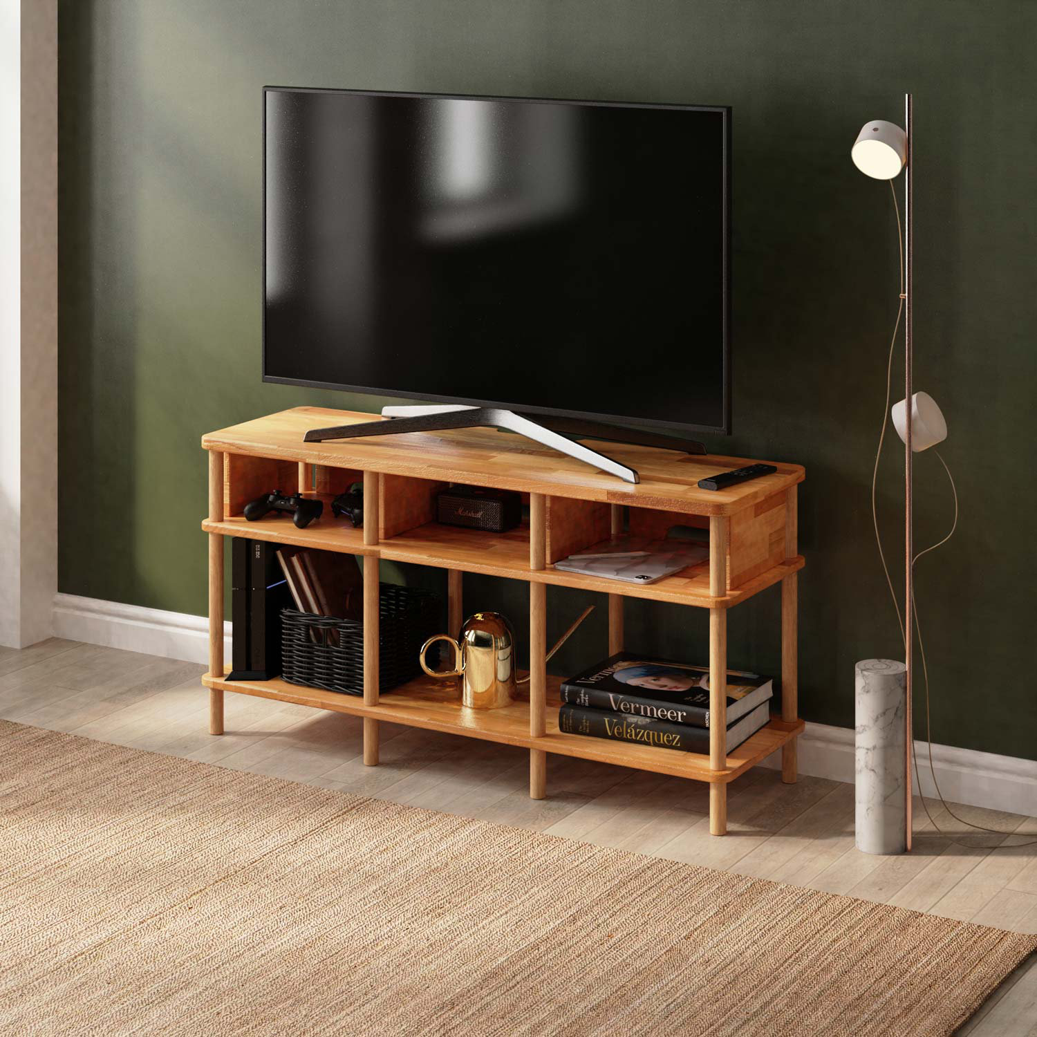 Demontha Solid Wood High TV Stand with Open Shelves – Stylish Storage ...