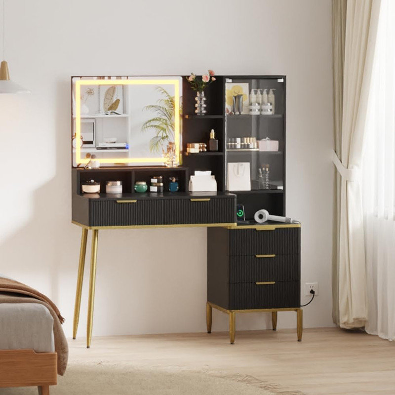 Latitude Run® Modern Fluted Makeup Vanity Desk with Lighted Mirror, 5 ...
